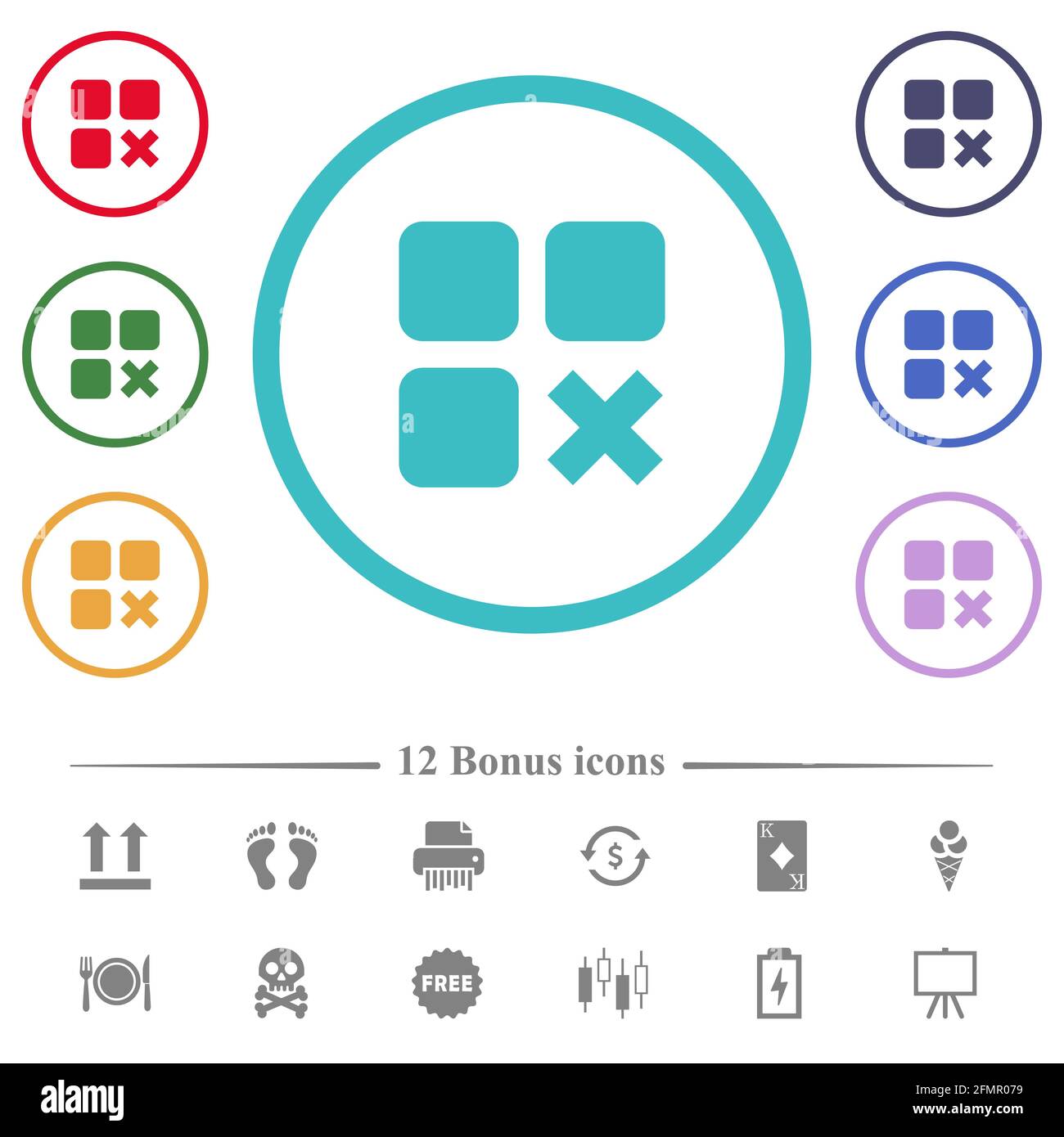 Component cancel flat color icons in circle shape outlines. 12 bonus ...
