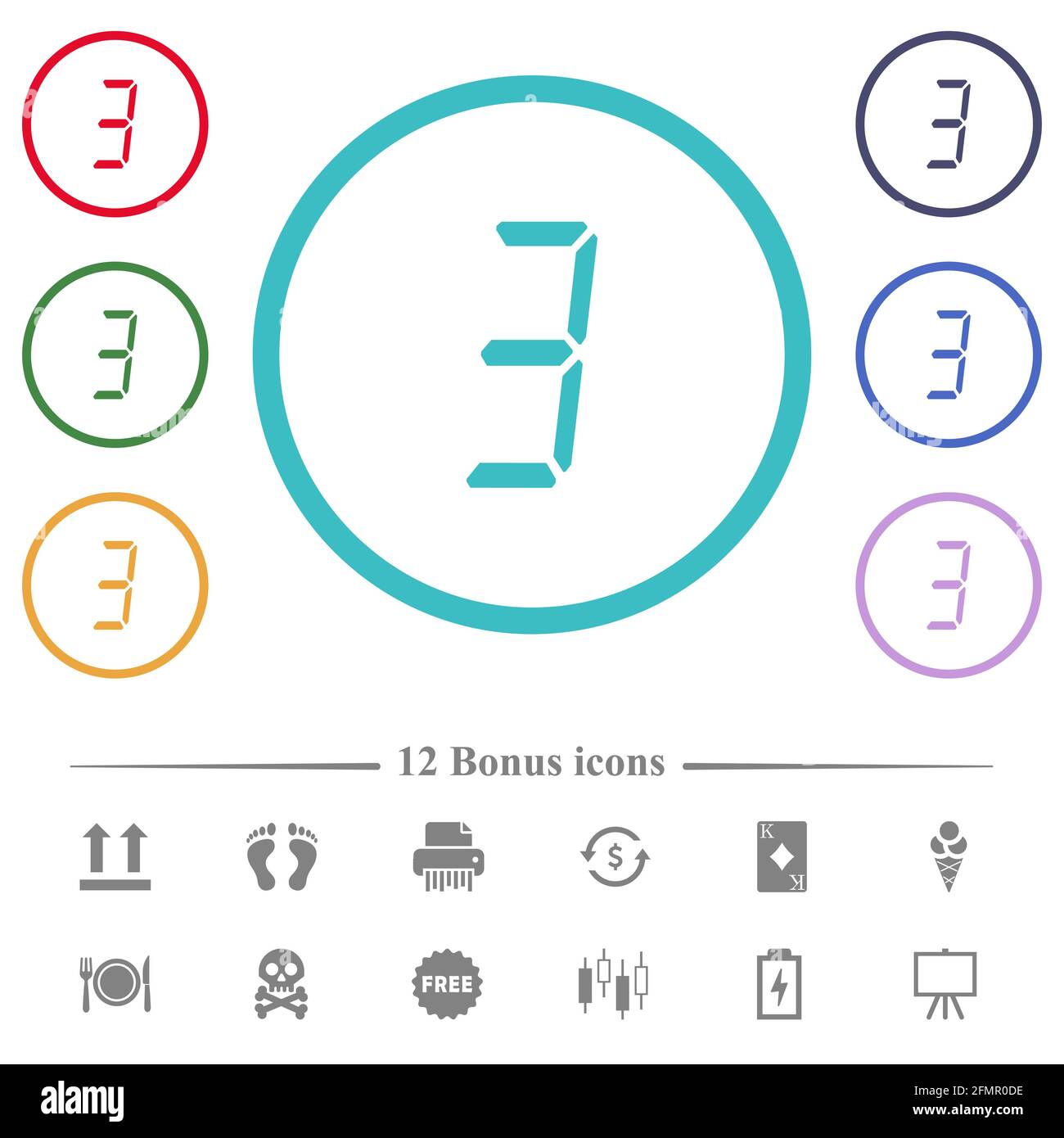 digital number three of seven segment type flat color icons in circle ...
