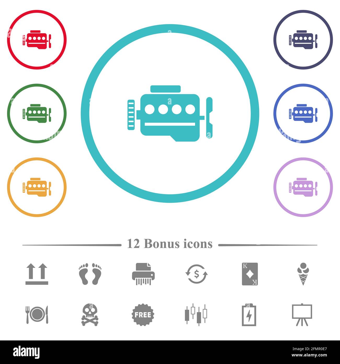 Engine symbol flat color icons in circle shape outlines. 12 bonus icons ...
