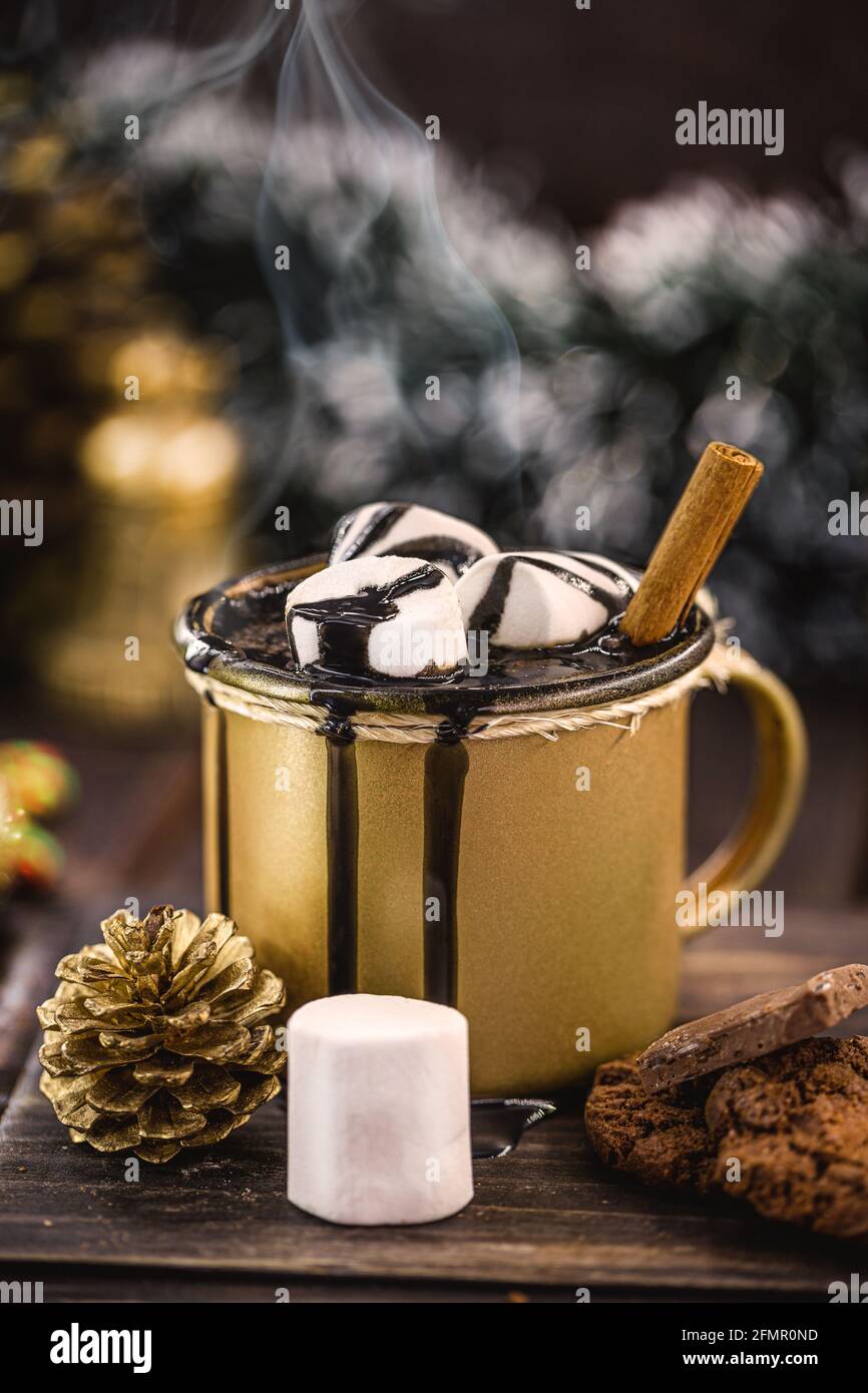 hot chocolate drink with smoke or high temperature steam, spot focus on ...