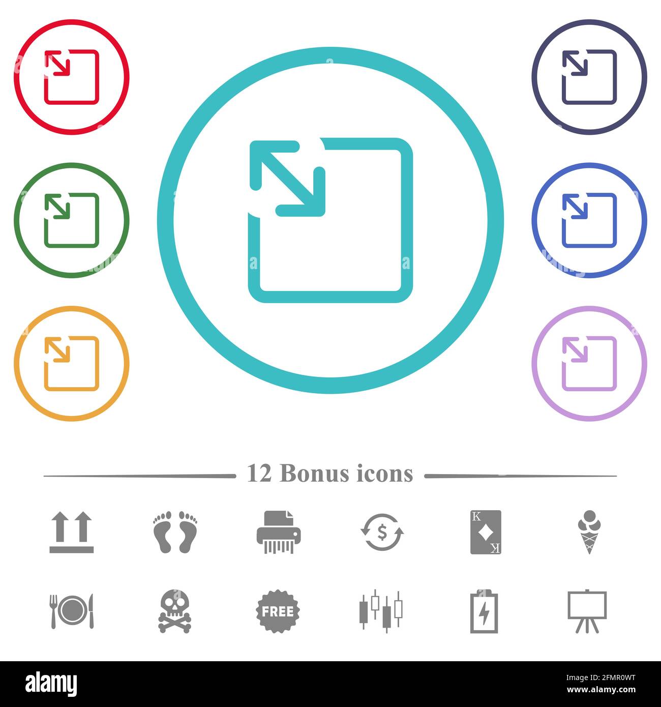 Resize object flat color icons in circle shape outlines. 12 bonus icons ...