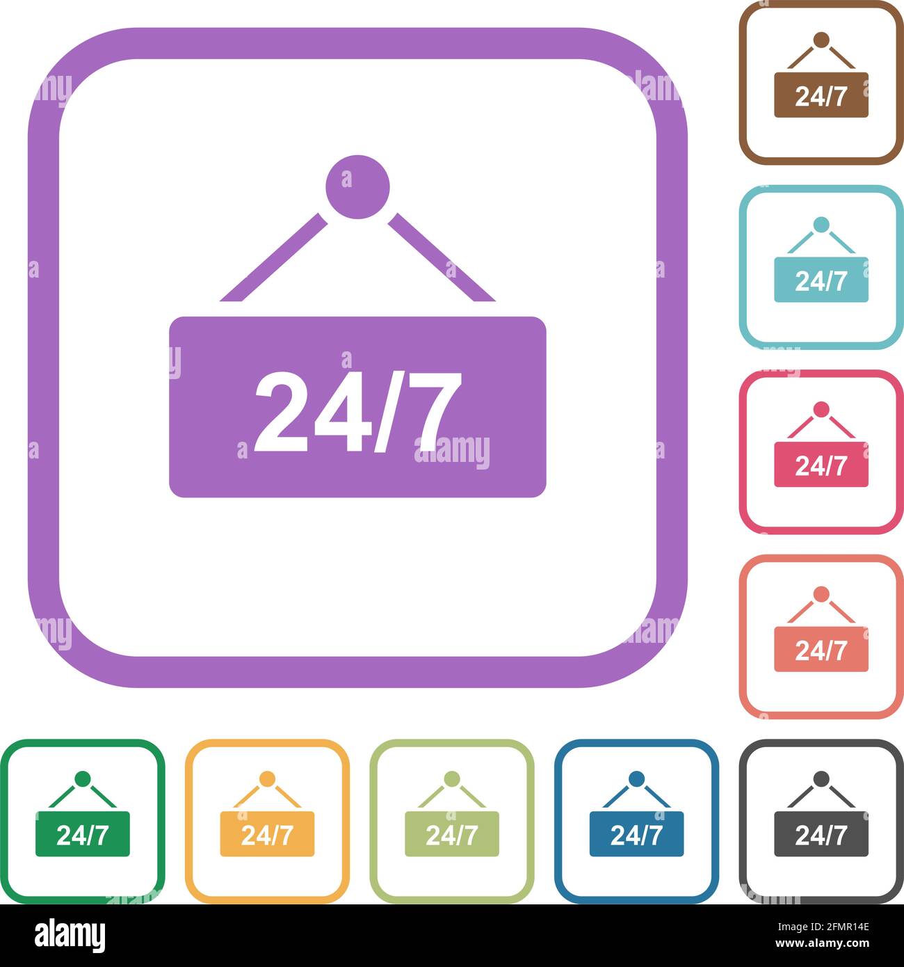 hanging table with 24h seven days a week simple icons in color rounded square frames on white ...