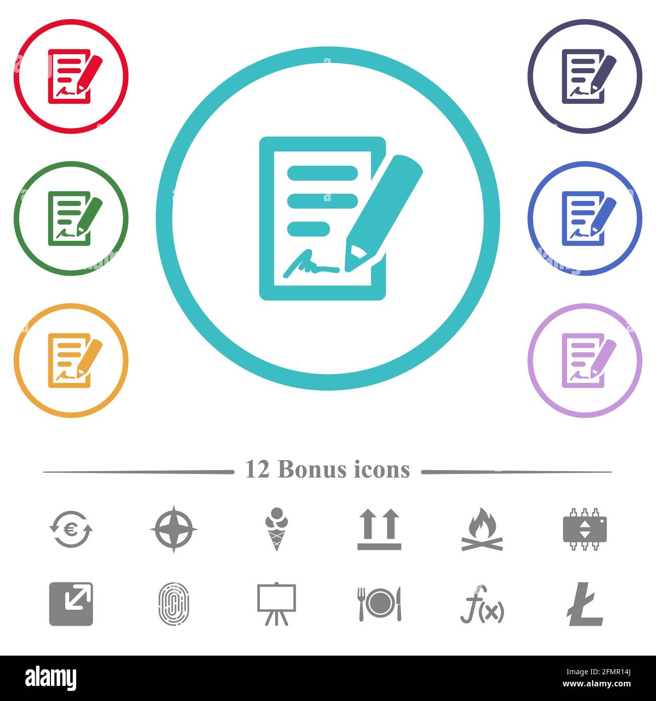 Signing contract flat color icons in circle shape outlines. 12 bonus ...