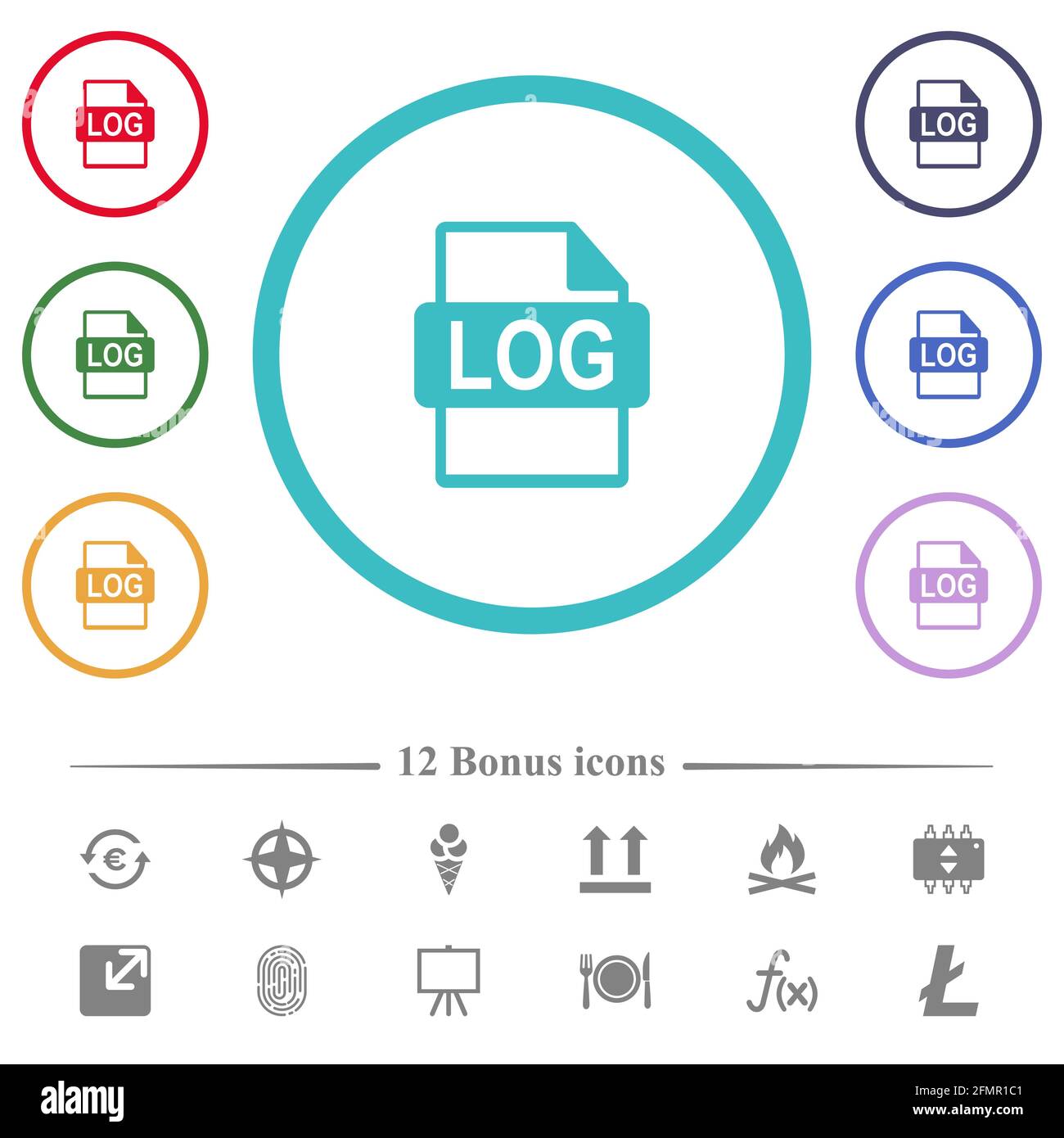 LOG file format flat color icons in circle shape outlines. 12 bonus ...