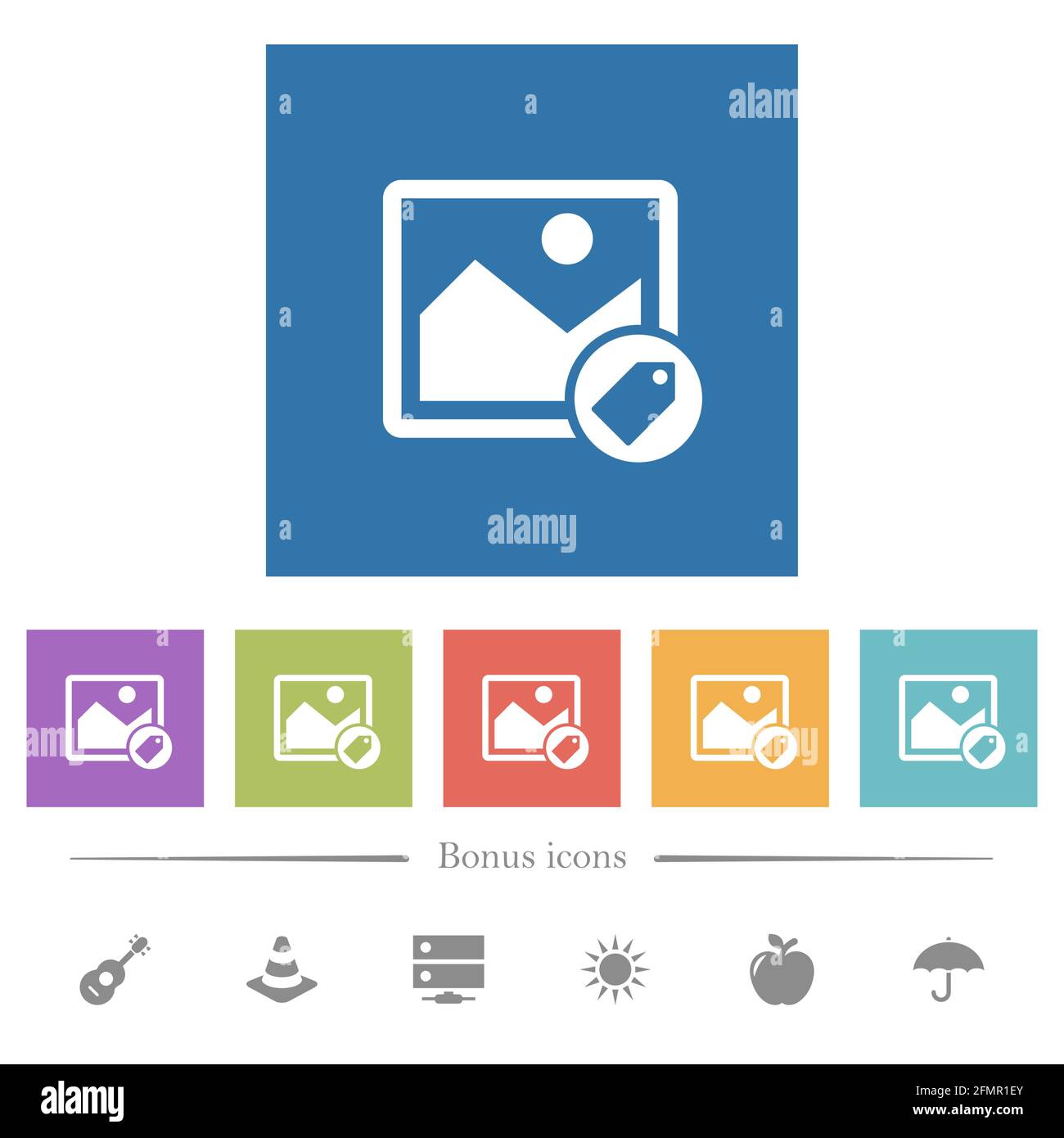 Image tagging flat white icons in square backgrounds. 6 bonus icons ...