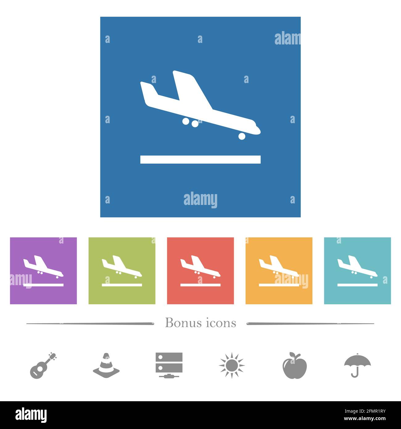 Airplane landing flat white icons in square backgrounds. 6 bonus icons ...