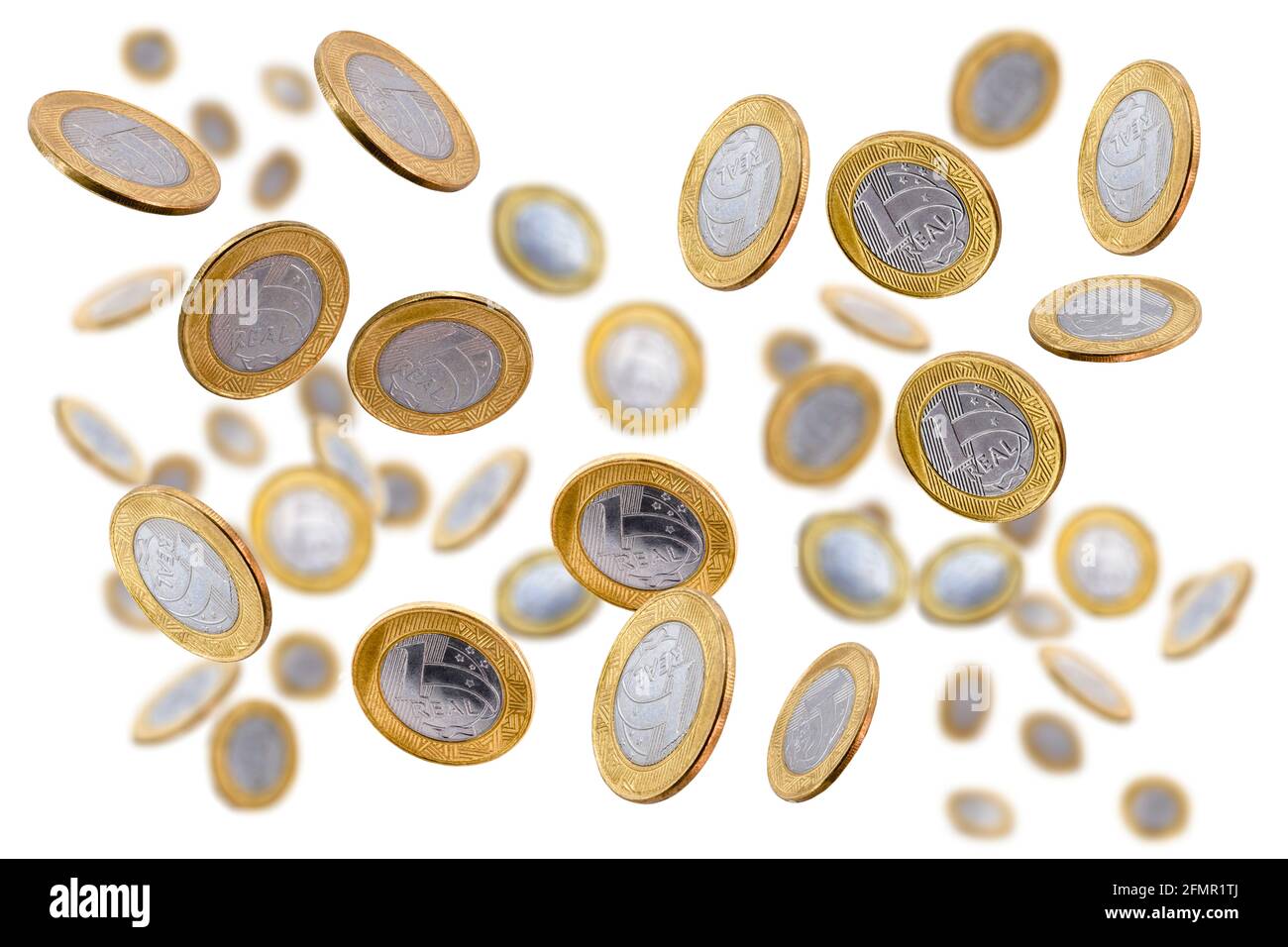 one brazilian real coins falling on isolated white background Stock ...