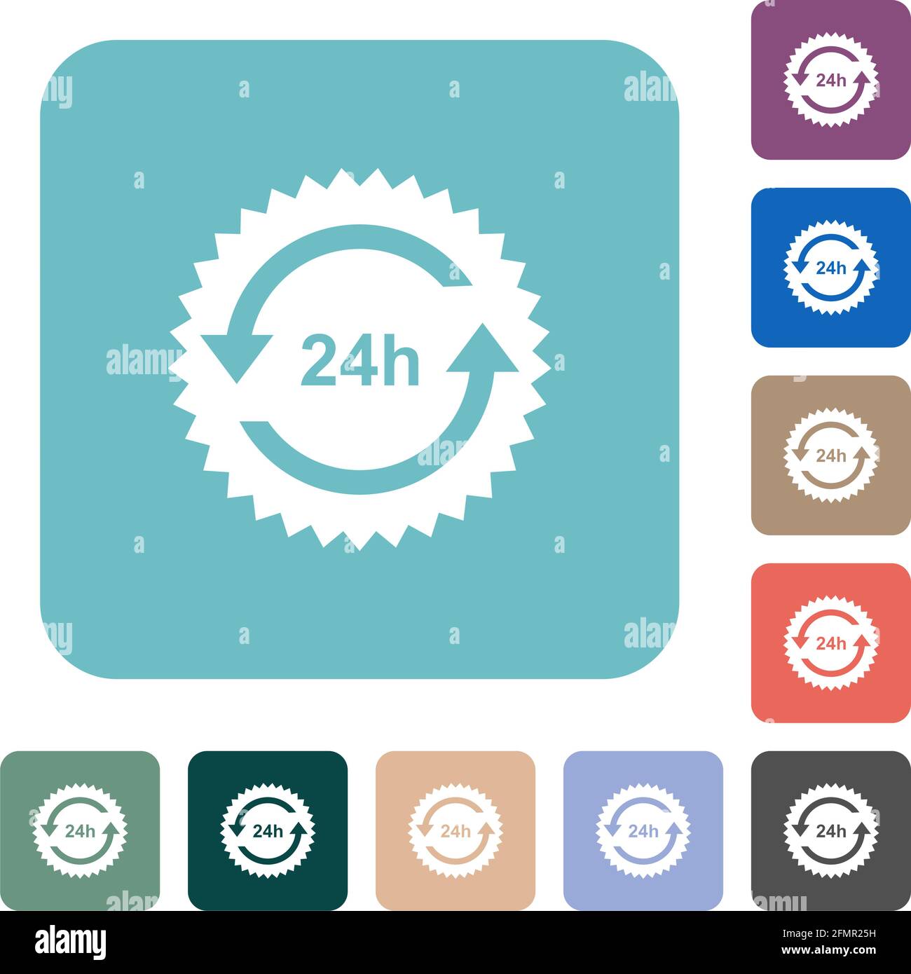24 hours sticker with arrows white flat icons on color rounded square ...