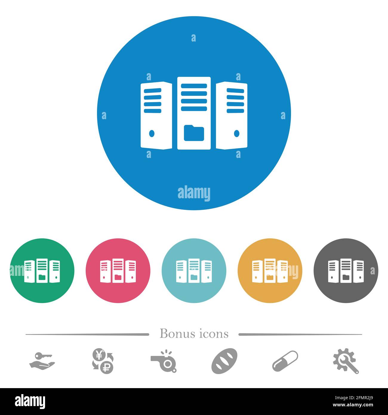 File server flat white icons on round color backgrounds. 6 bonus icons ...