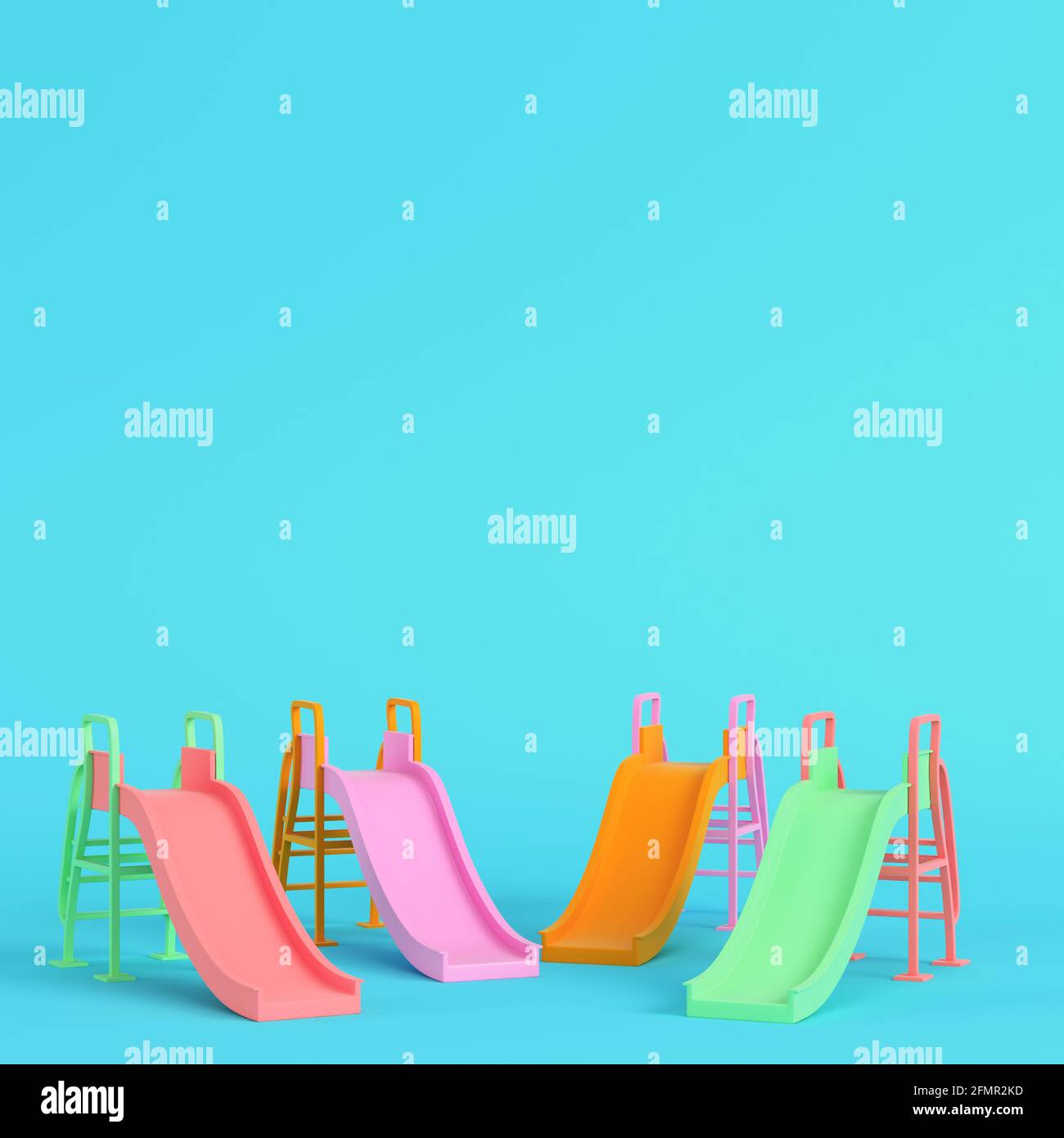 Colorful children slides on bright blue background in pastel colors ...