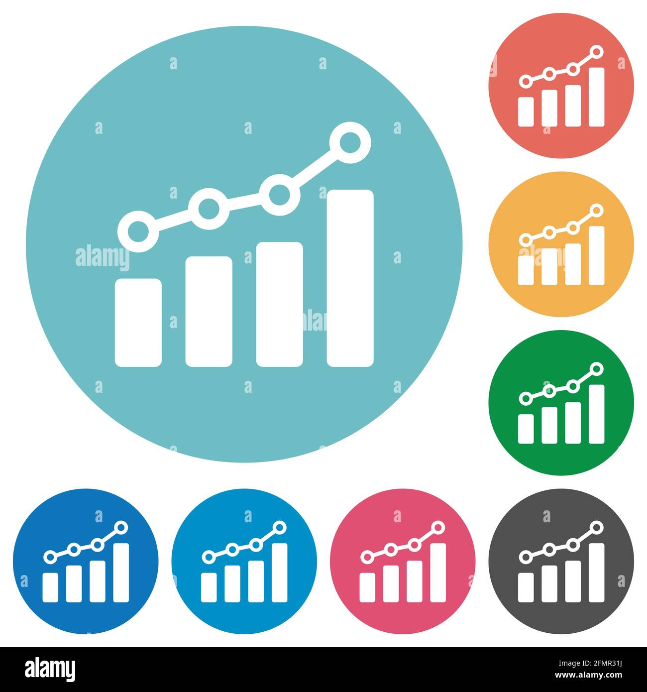 Bar graph with circles and lines flat white icons on round color ...