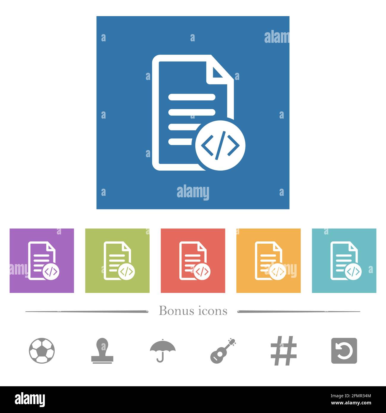 Source code document flat white icons in square backgrounds. 6 bonus ...
