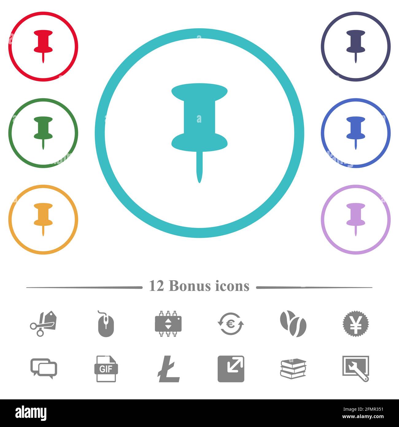 Push pin flat color icons in circle shape outlines. 12 bonus icons ...