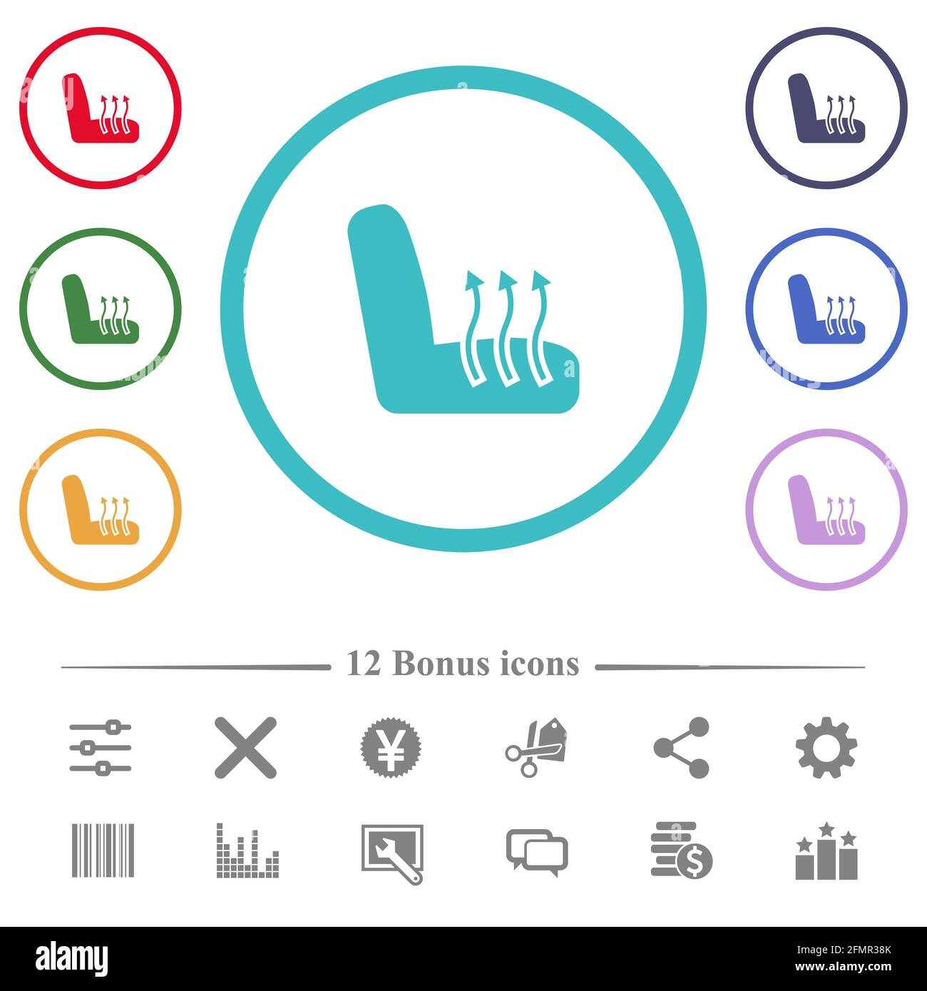 Car seat heating flat color icons in circle shape outlines. 12 bonus ...