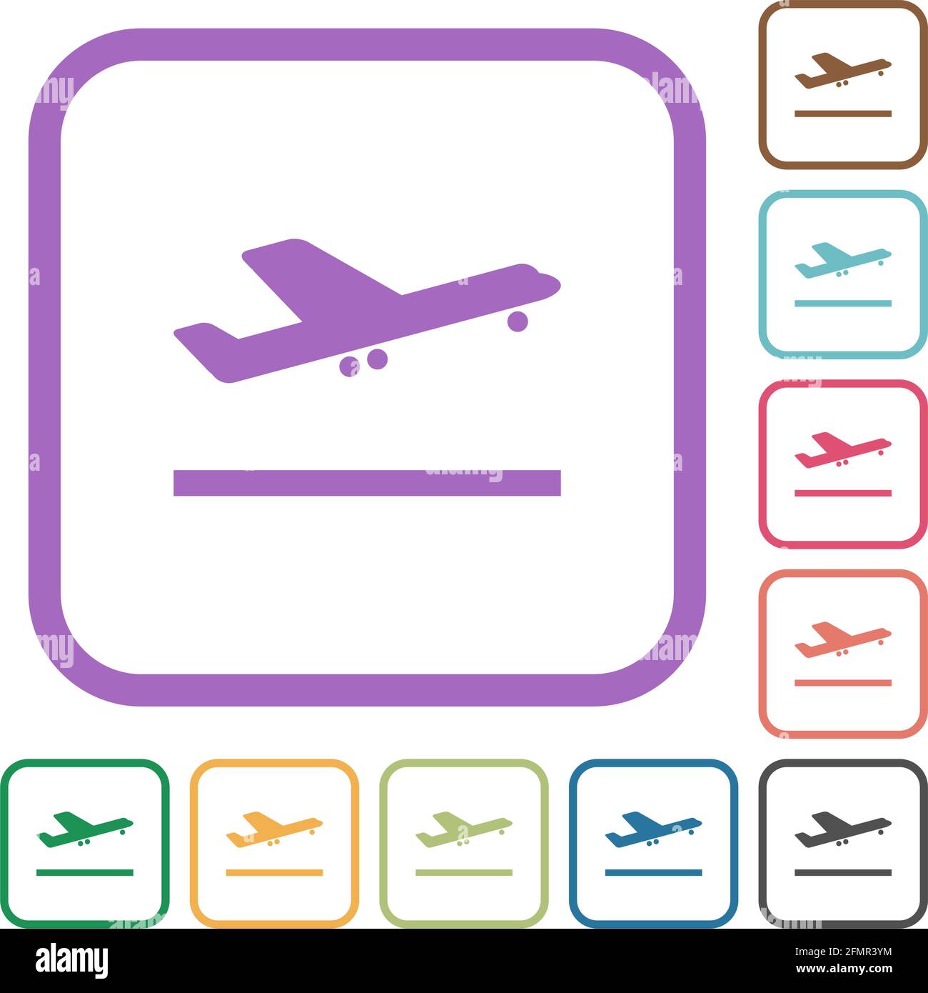Airplane take off simple icons in color rounded square frames on white ...