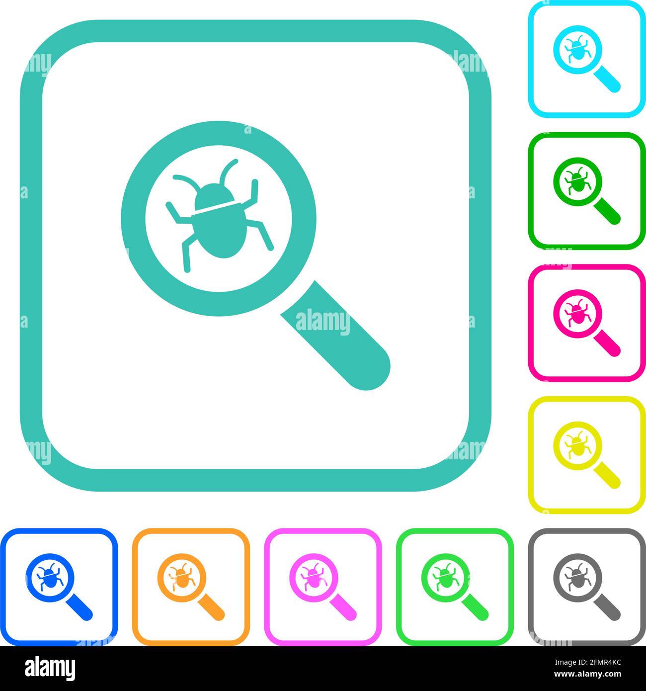 Bug tracking vivid colored flat icons in curved borders on white ...