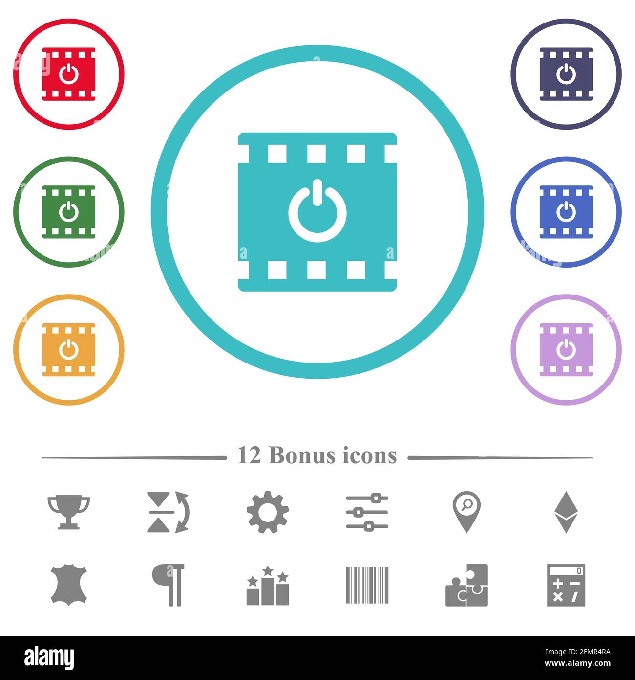 End movie flat color icons in circle shape outlines. 12 bonus icons ...