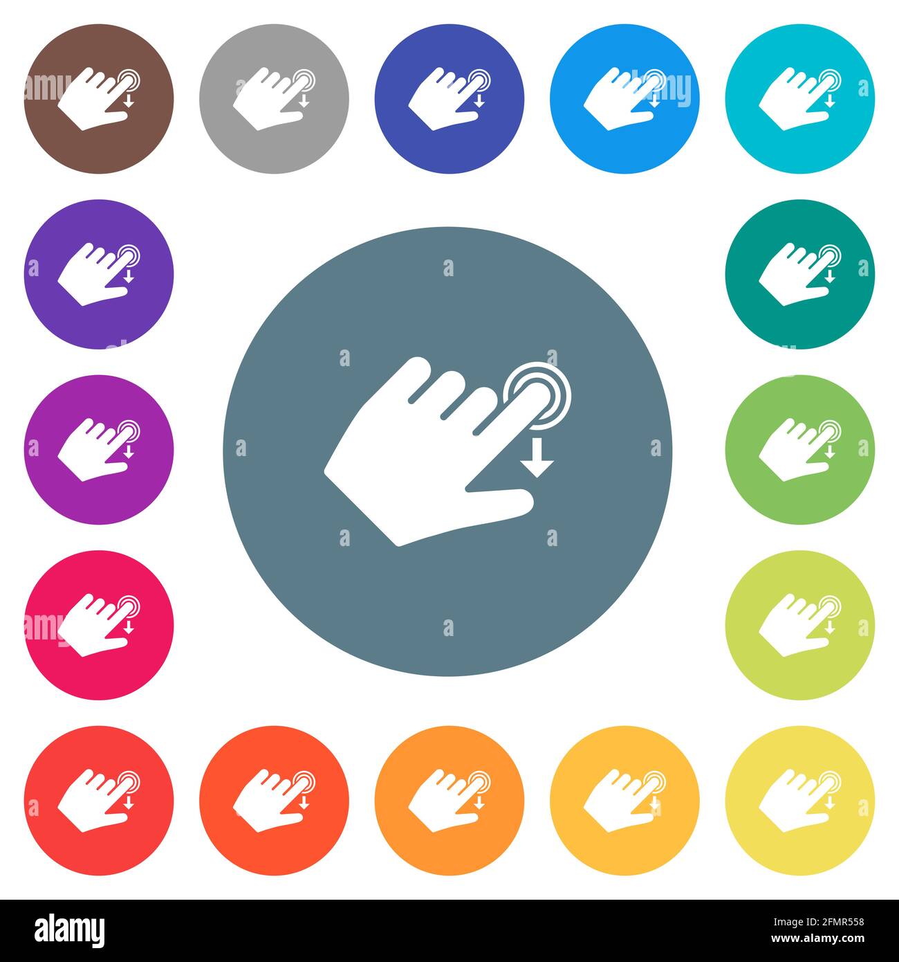 Left handed slide down gesture flat white icons on round color ...