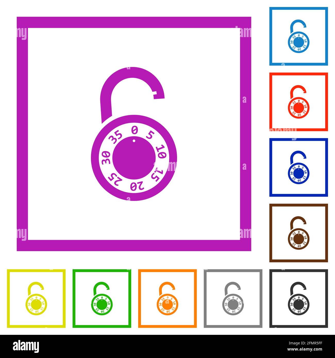 Unlocked round combination lock flat color icons in square frames on ...