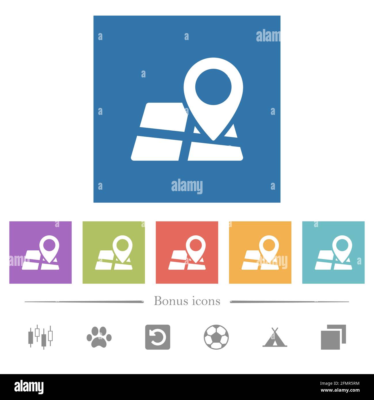 Location pin on map flat white icons in square backgrounds. 6 bonus ...