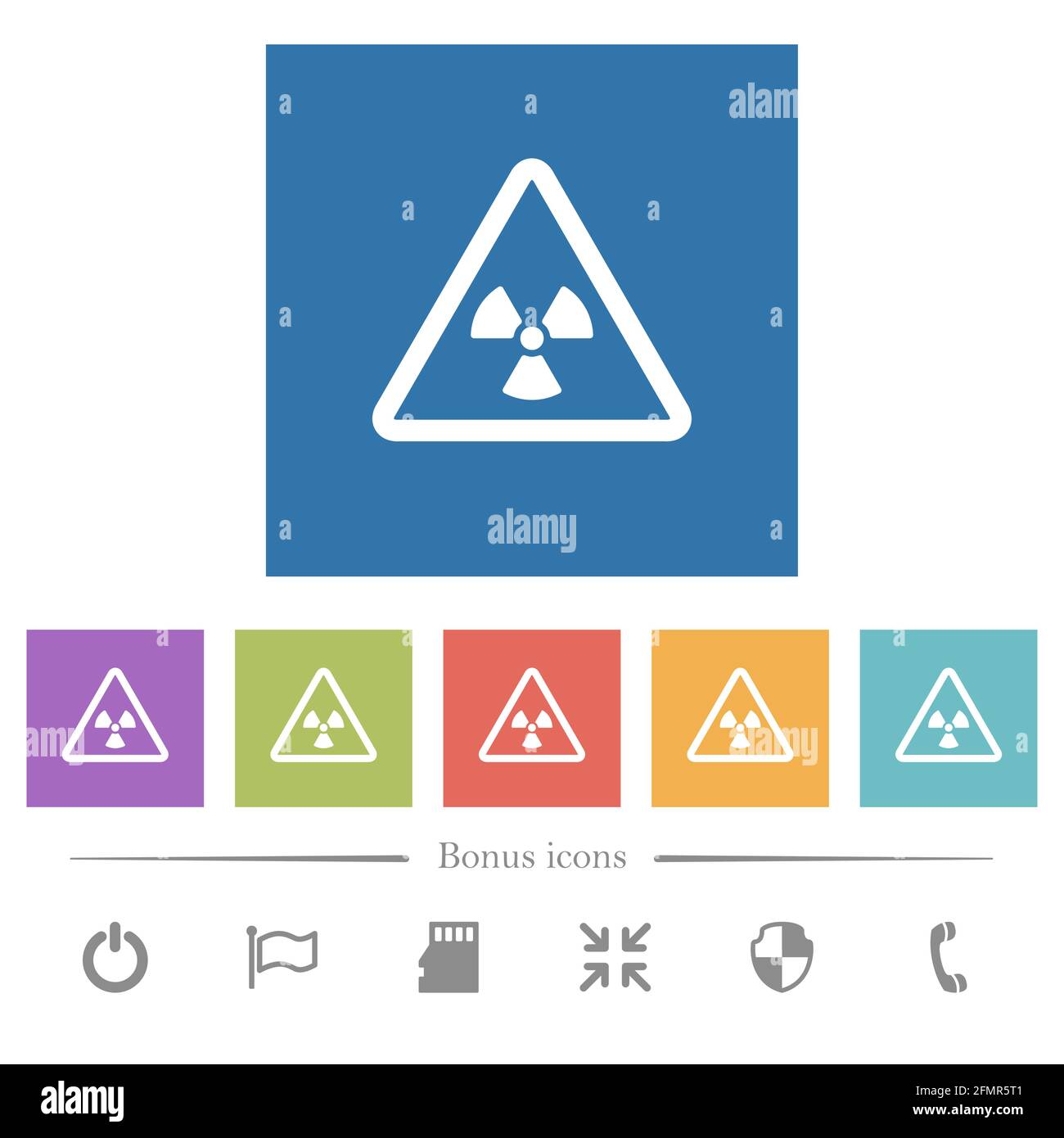 Nuclear warning flat white icons in square backgrounds. 6 bonus icons ...