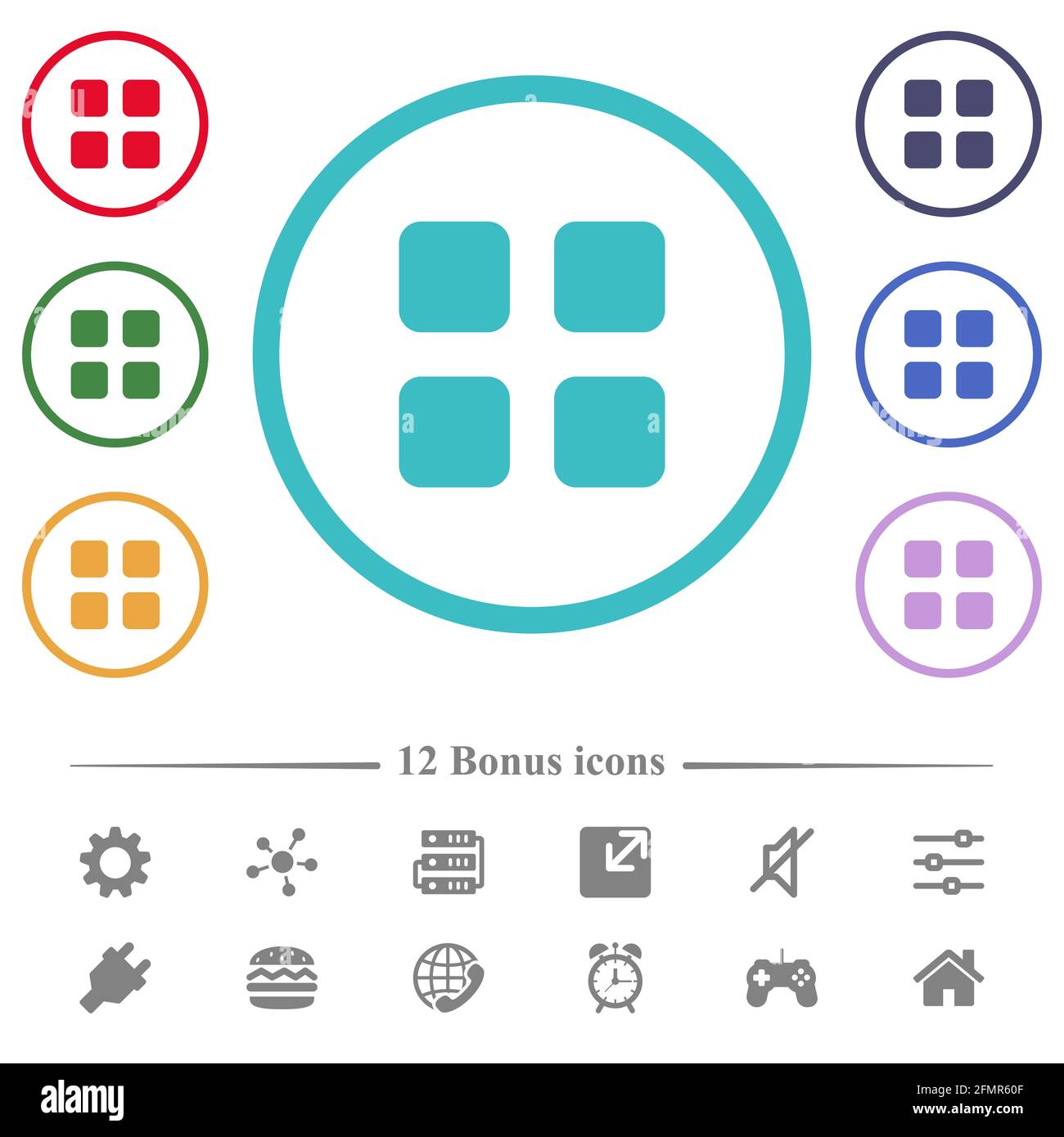 Grid button flat color icons in circle shape outlines. 12 bonus icons ...
