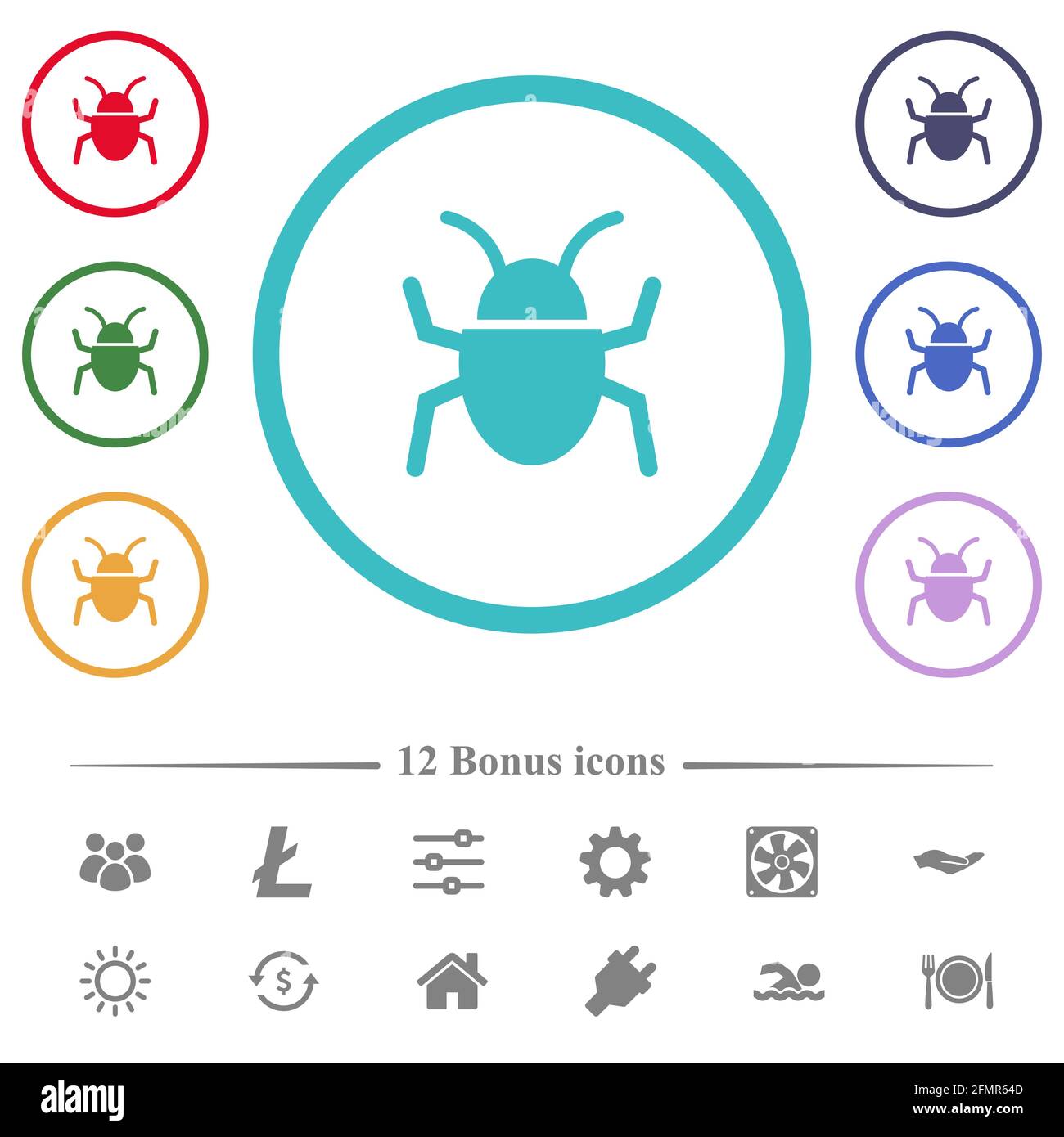 Bug flat color icons in circle shape outlines. 12 bonus icons included ...