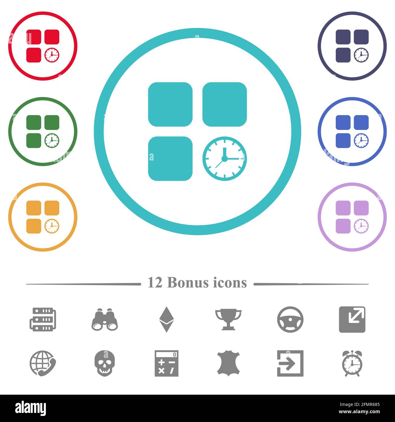 Component timer flat color icons in circle shape outlines. 12 bonus ...