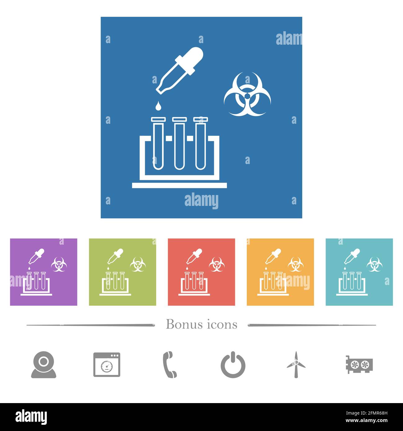 Biological experiment flat white icons in square backgrounds. 6 bonus ...