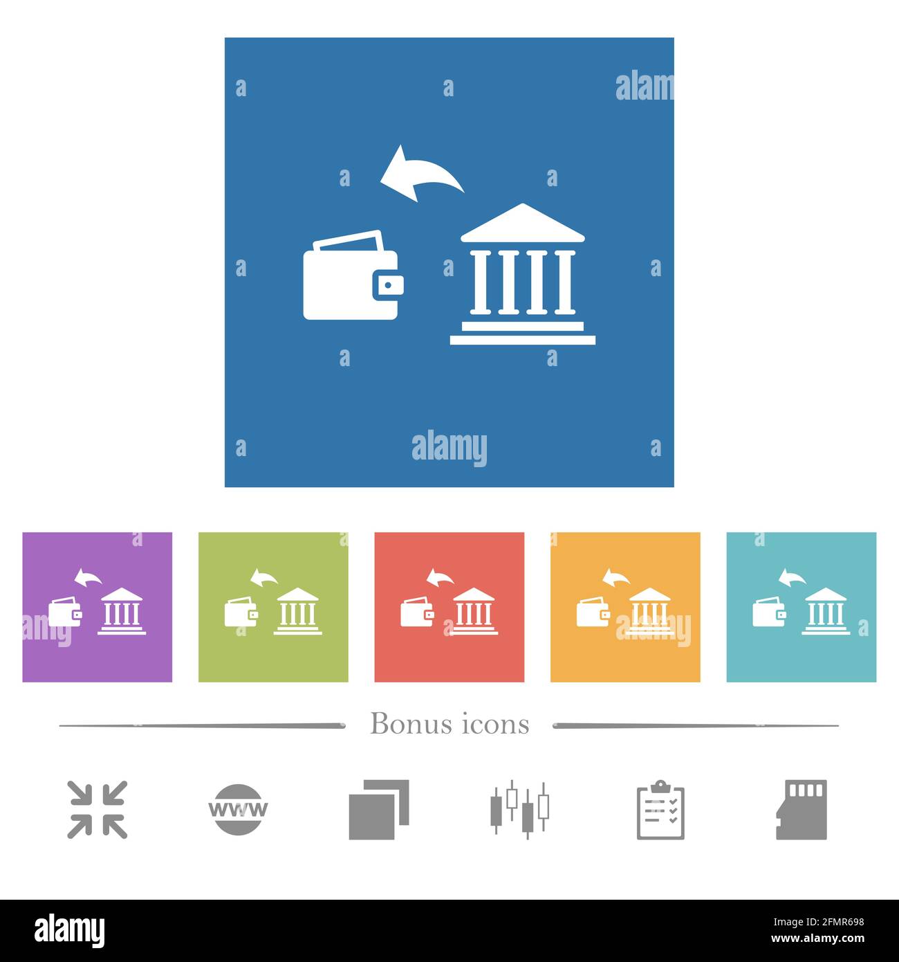 Money withdrawal from bank flat white icons in square backgrounds. 6 ...