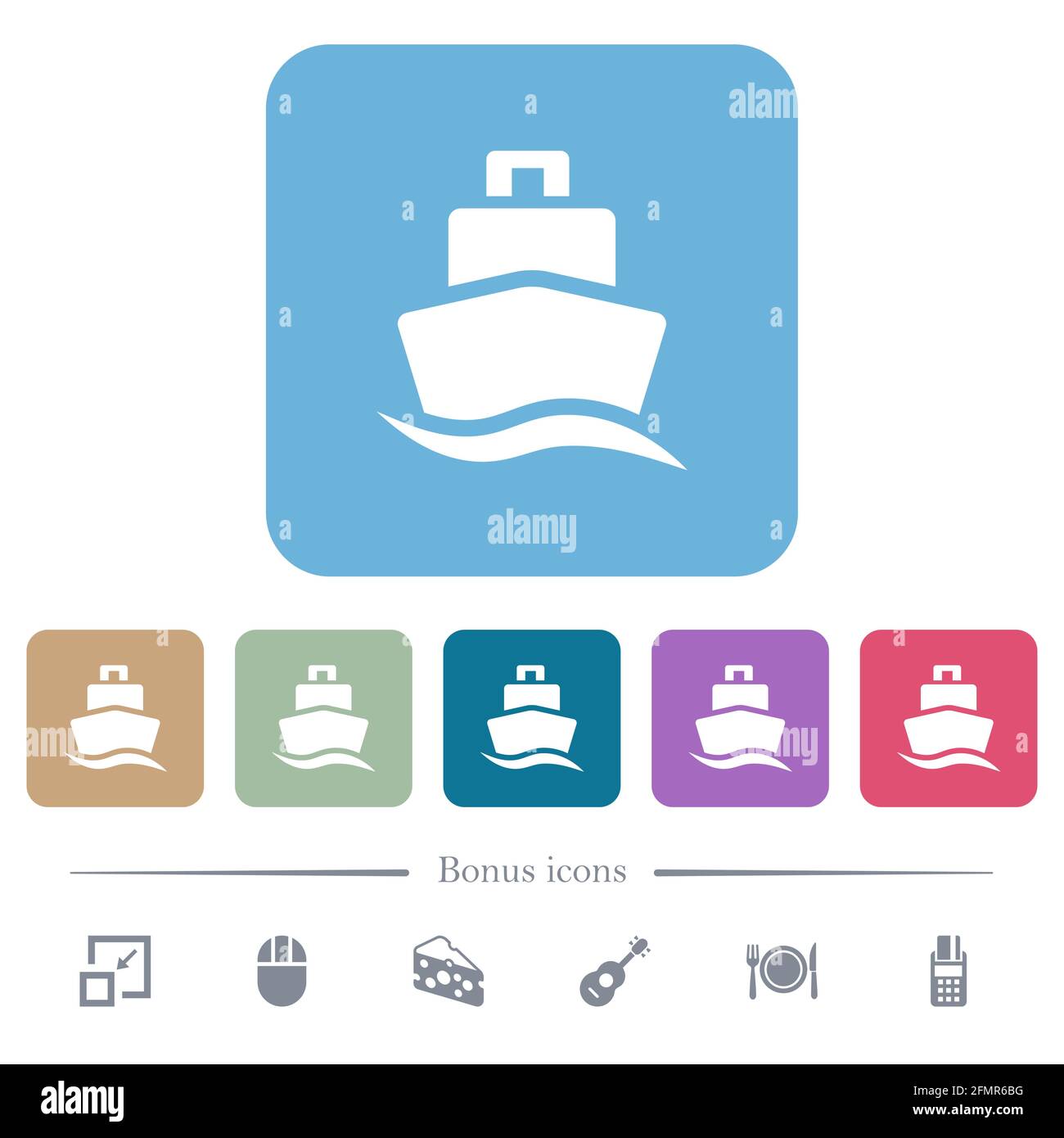 Cruise ship white flat icons on color rounded square backgrounds. 6 ...
