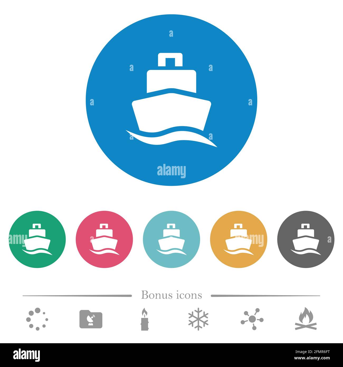 Cruise ship flat white icons on round color backgrounds. 6 bonus icons ...