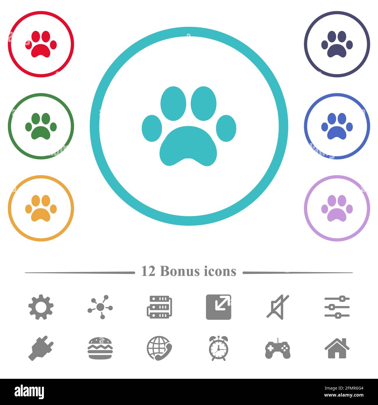 Paw prints flat color icons in circle shape outlines. 12 bonus icons ...