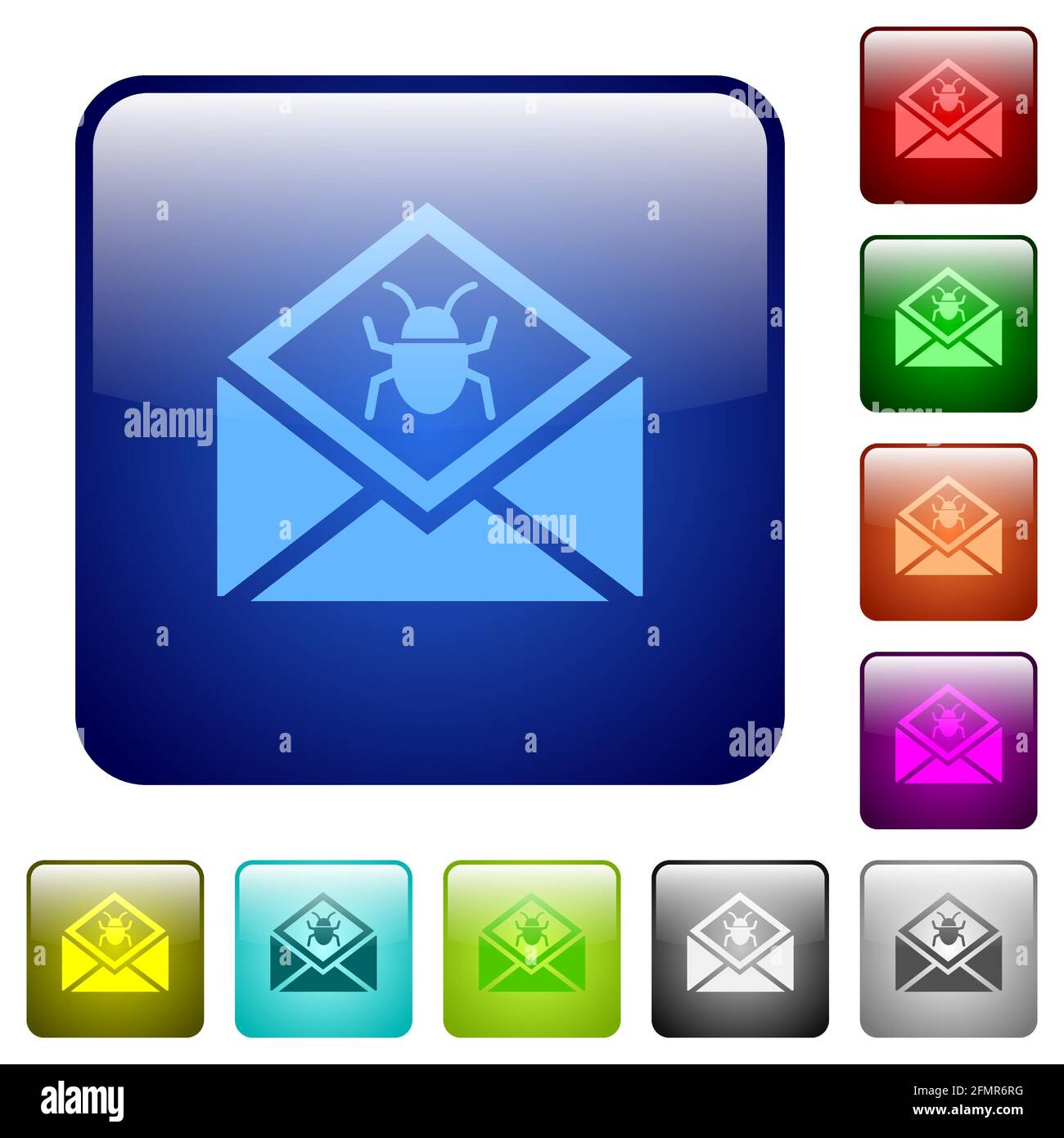 Open mail with malware symbol icons in rounded square color glossy ...