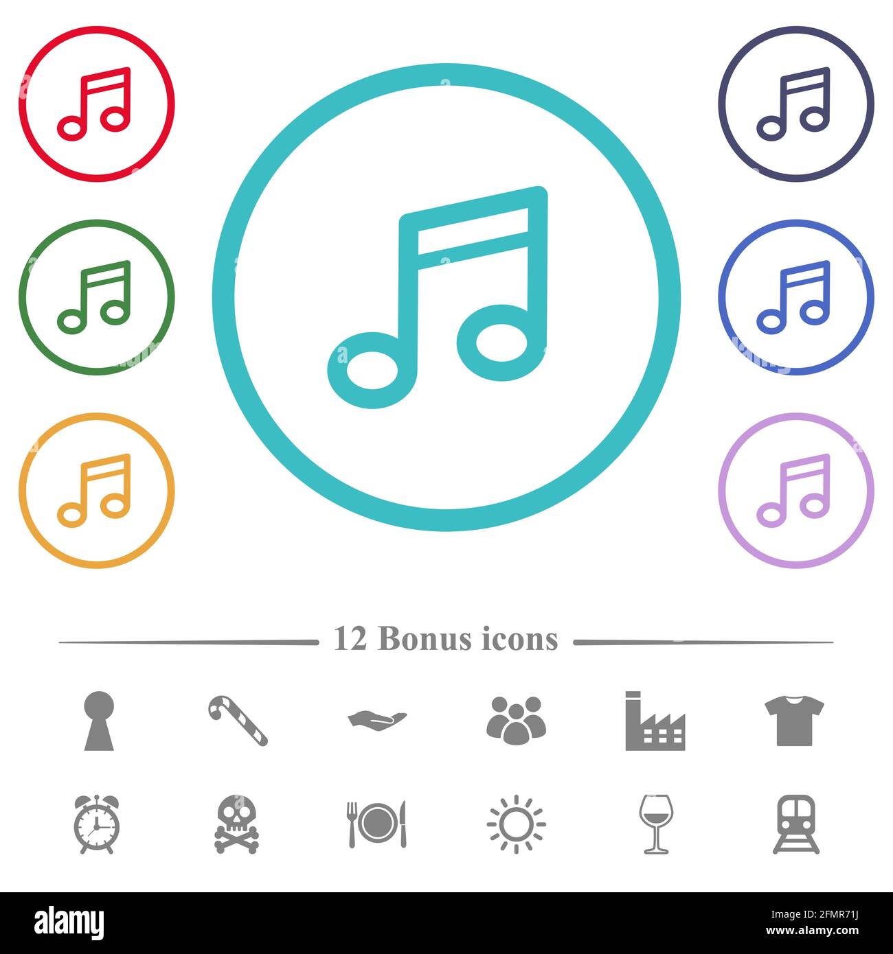 Music note flat color icons in circle shape outlines. 12 bonus icons ...