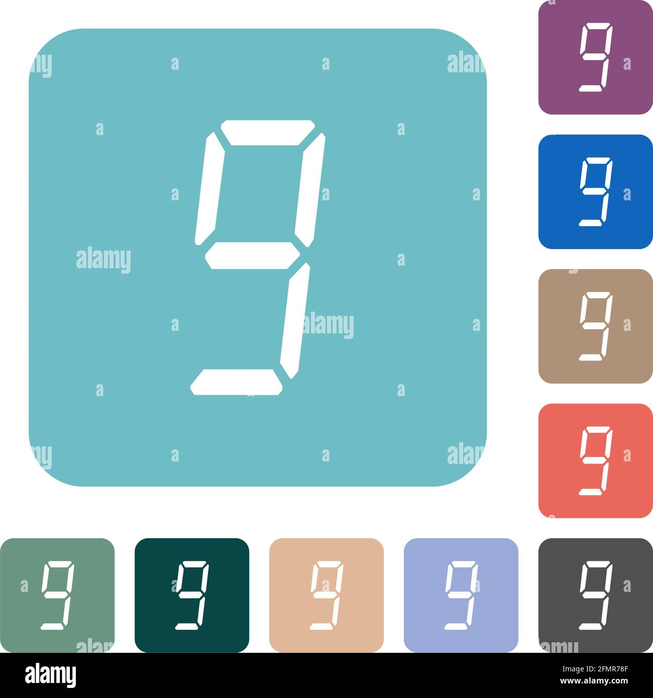 digital number nine of seven segment type white flat icons on color ...