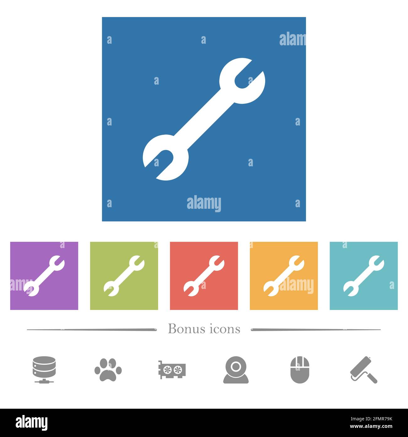 Single wrench flat white icons in square backgrounds. 6 bonus icons ...