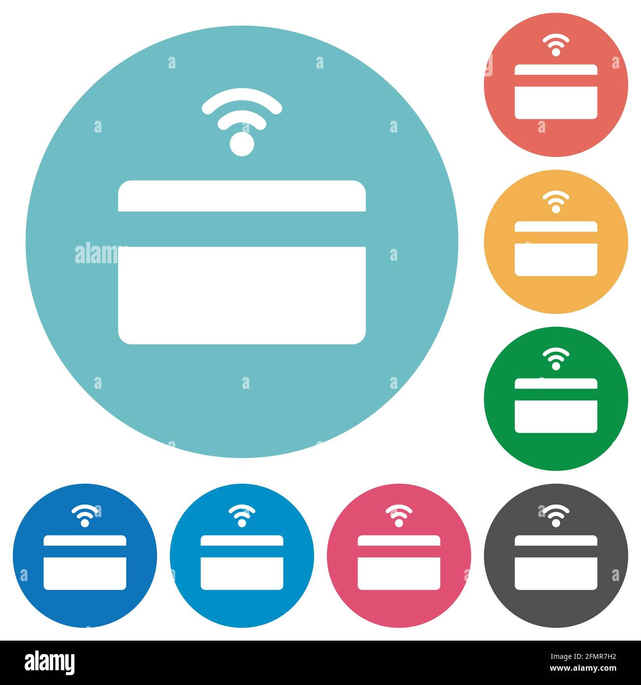 Contactless credit card flat white icons on round color backgrounds ...