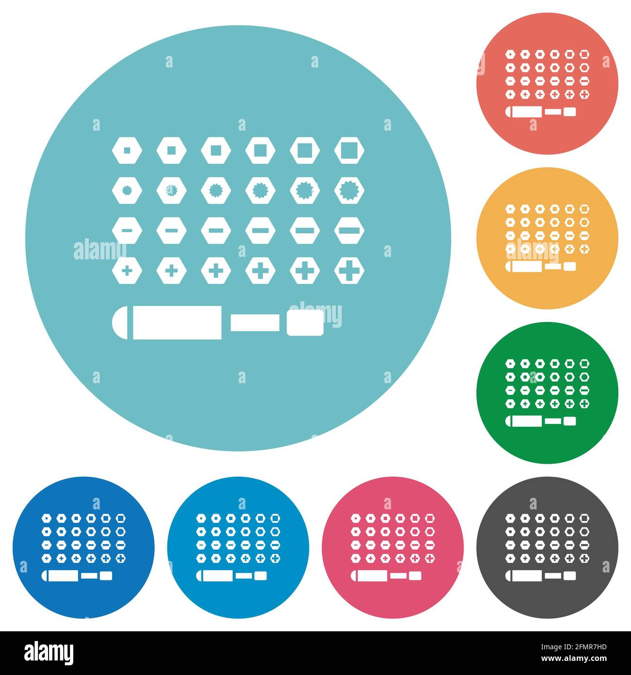 Set of screwdriver bits flat white icons on round color backgrounds ...