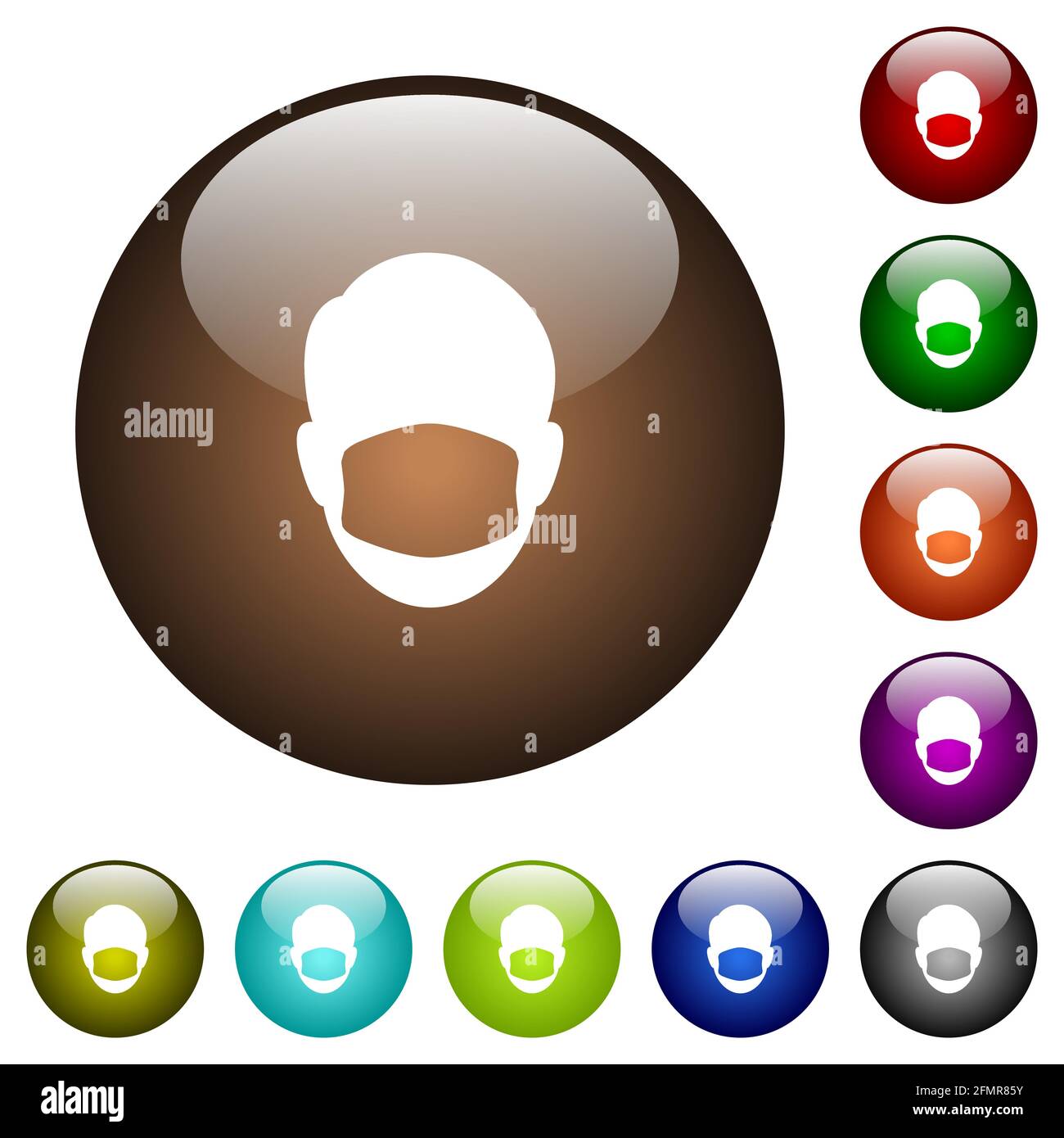 Face with medical mask white icons on round glass buttons in multiple ...