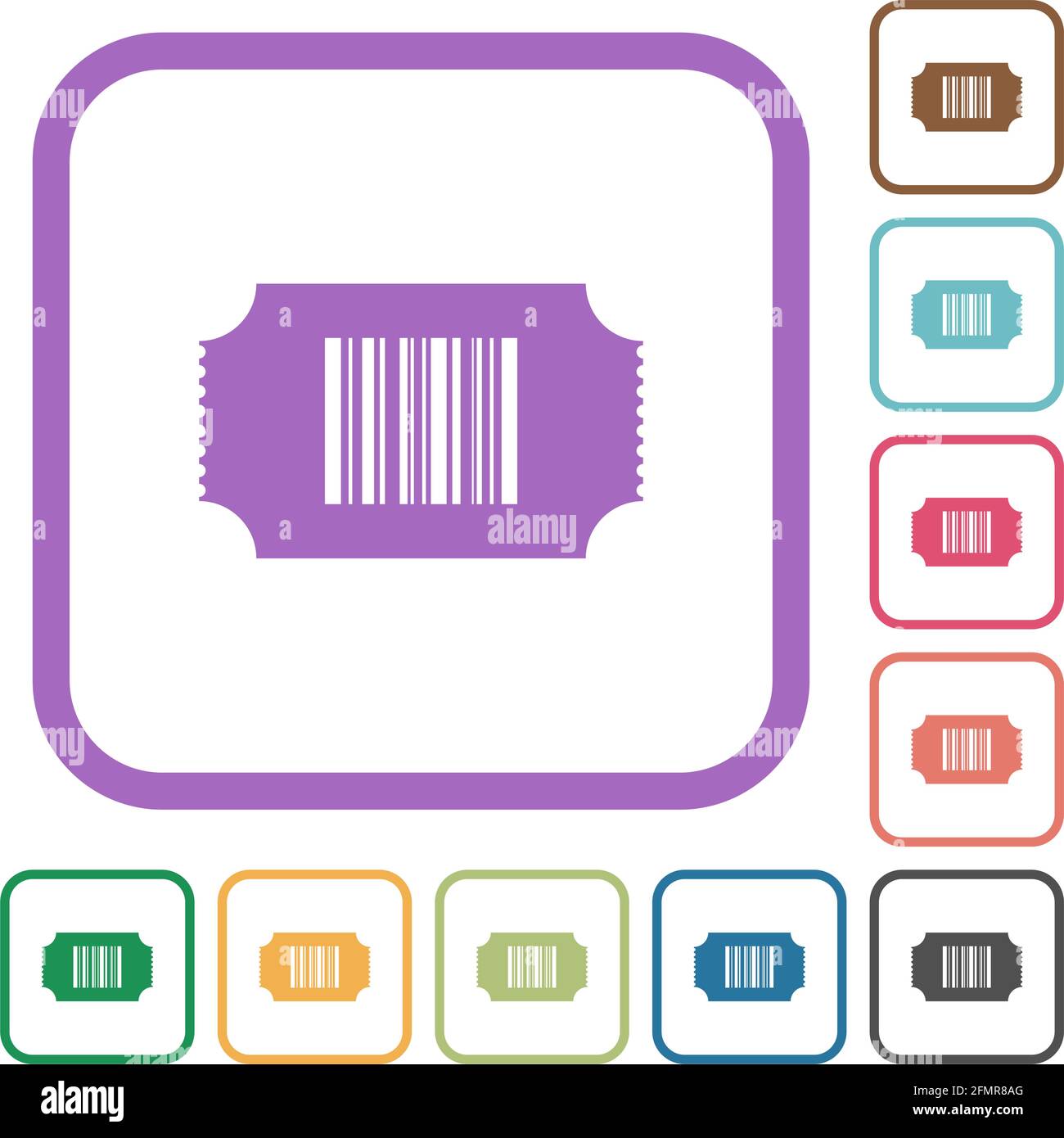 Ticket with barcode simple icons in color rounded square frames on ...