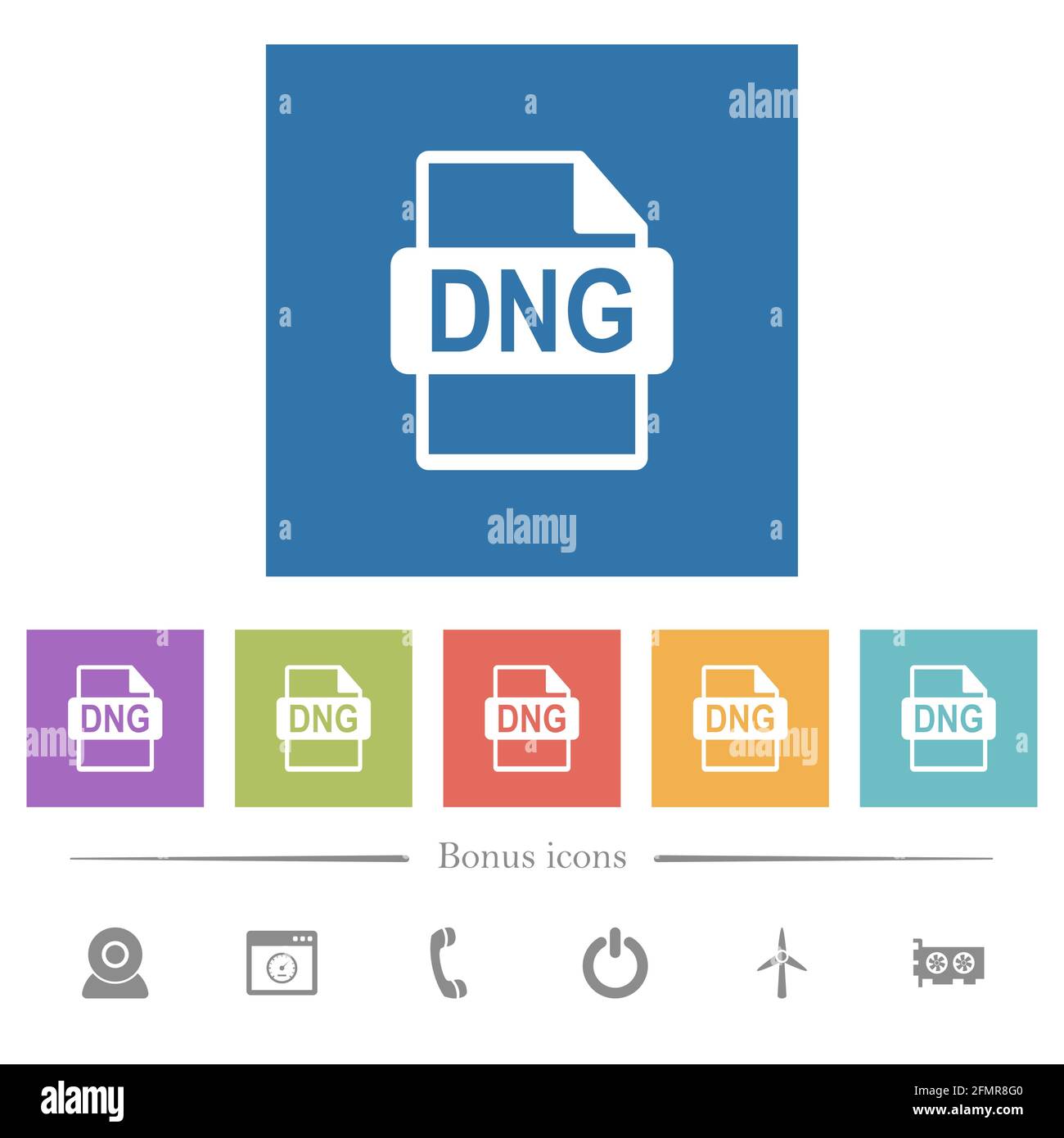 DNG file format flat white icons in square backgrounds. 6 bonus icons ...