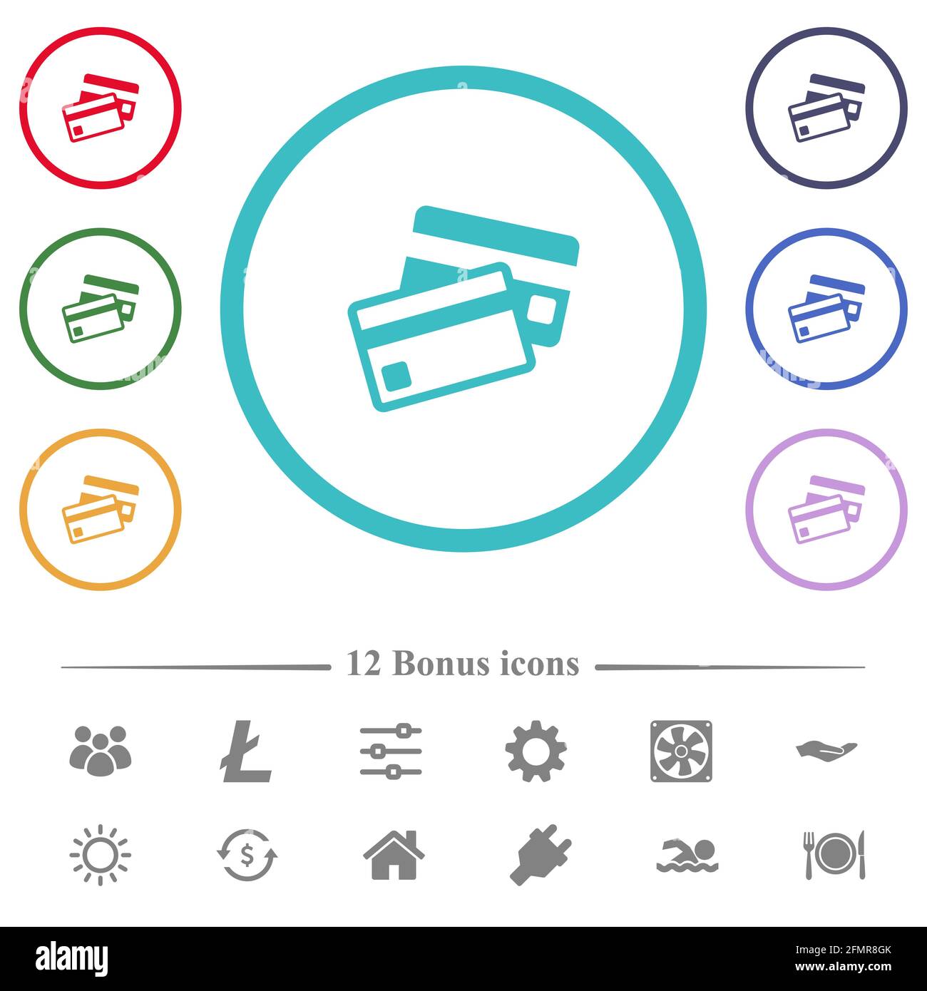 Credit cards flat color icons in circle shape outlines. 12 bonus icons ...