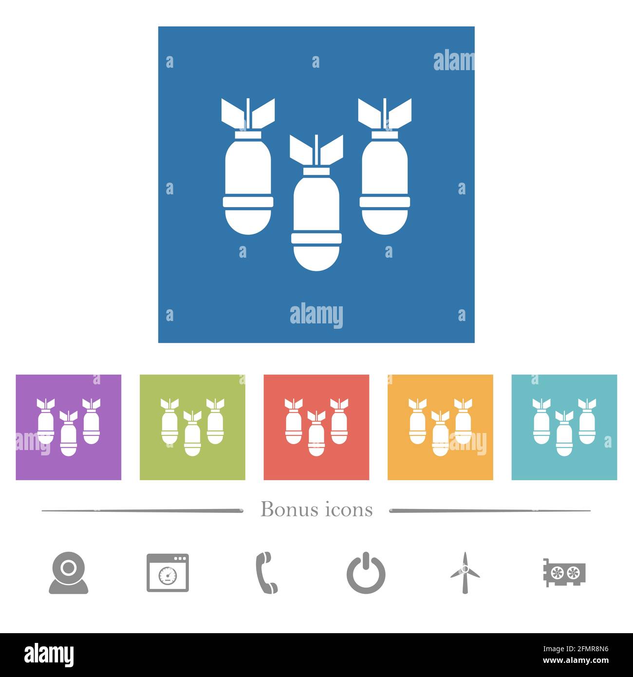 Three air bombs flat white icons in square backgrounds. 6 bonus icons ...