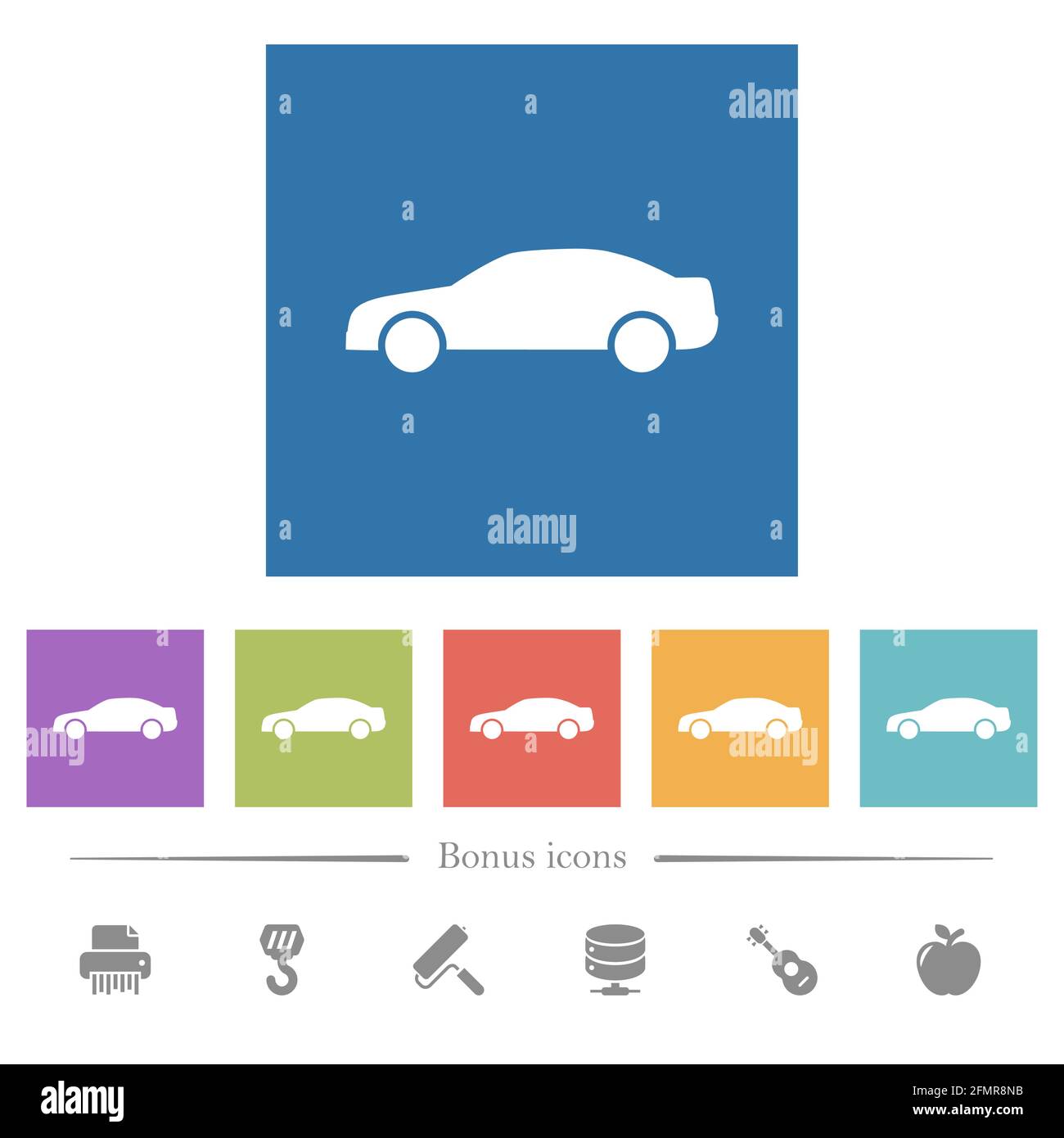 Car contour flat white icons in square backgrounds. 6 bonus icons ...