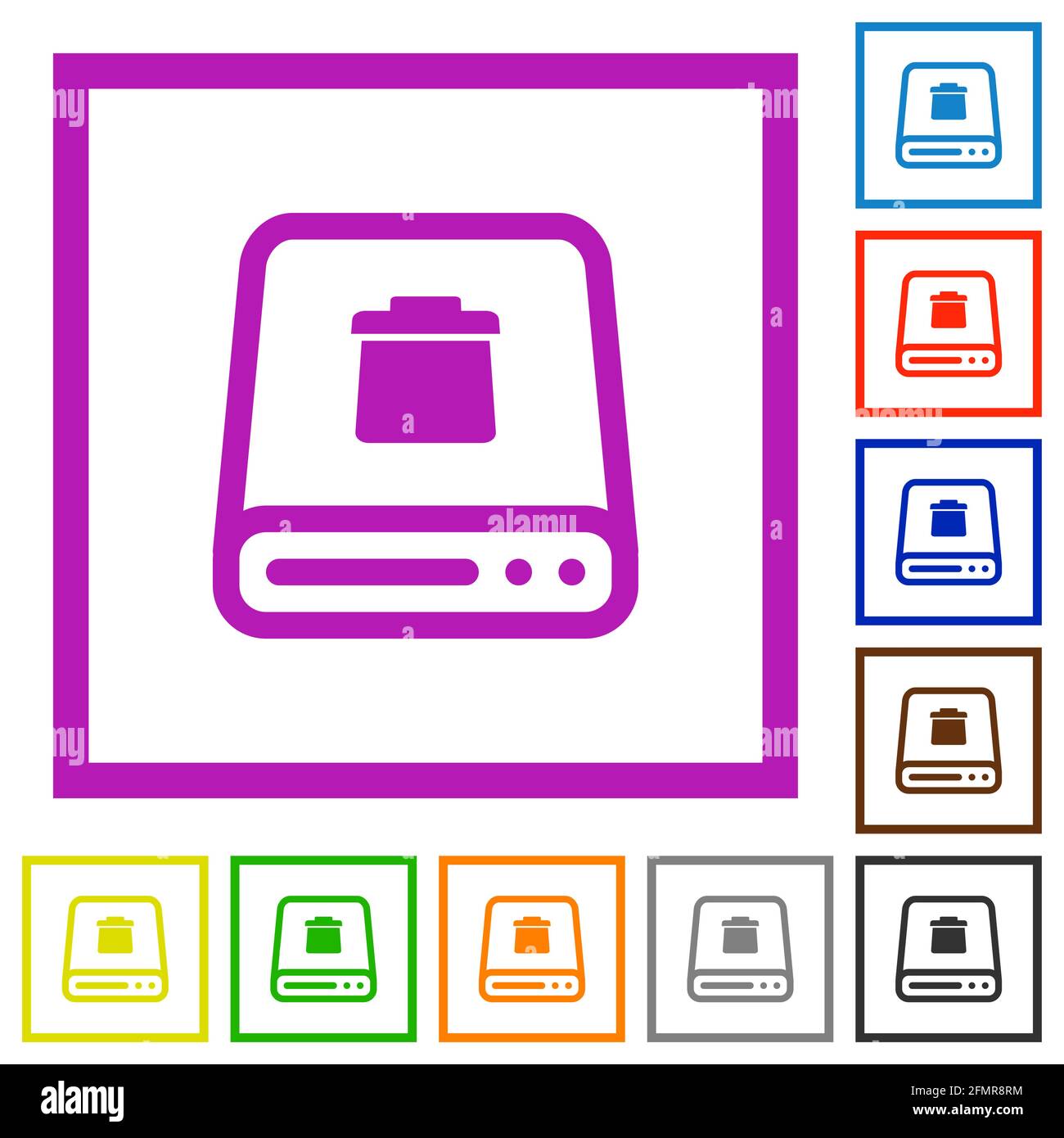 Delete from hard disk flat color icons in square frames on white ...