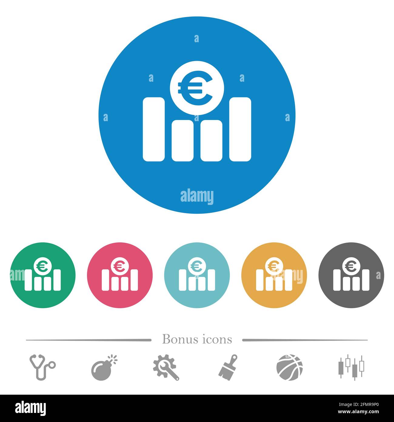 Euro financial graph flat white icons on round color backgrounds. 6 ...