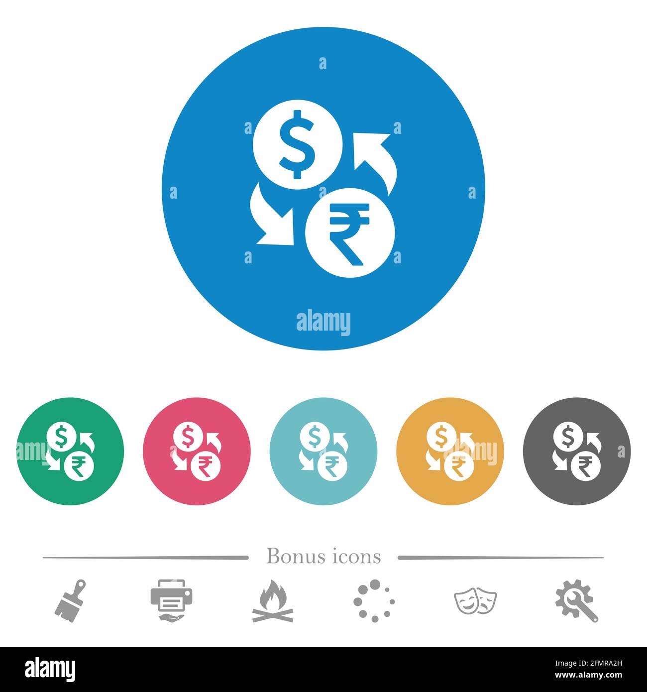 Dollar Rupee money exchange flat white icons on round color backgrounds ...