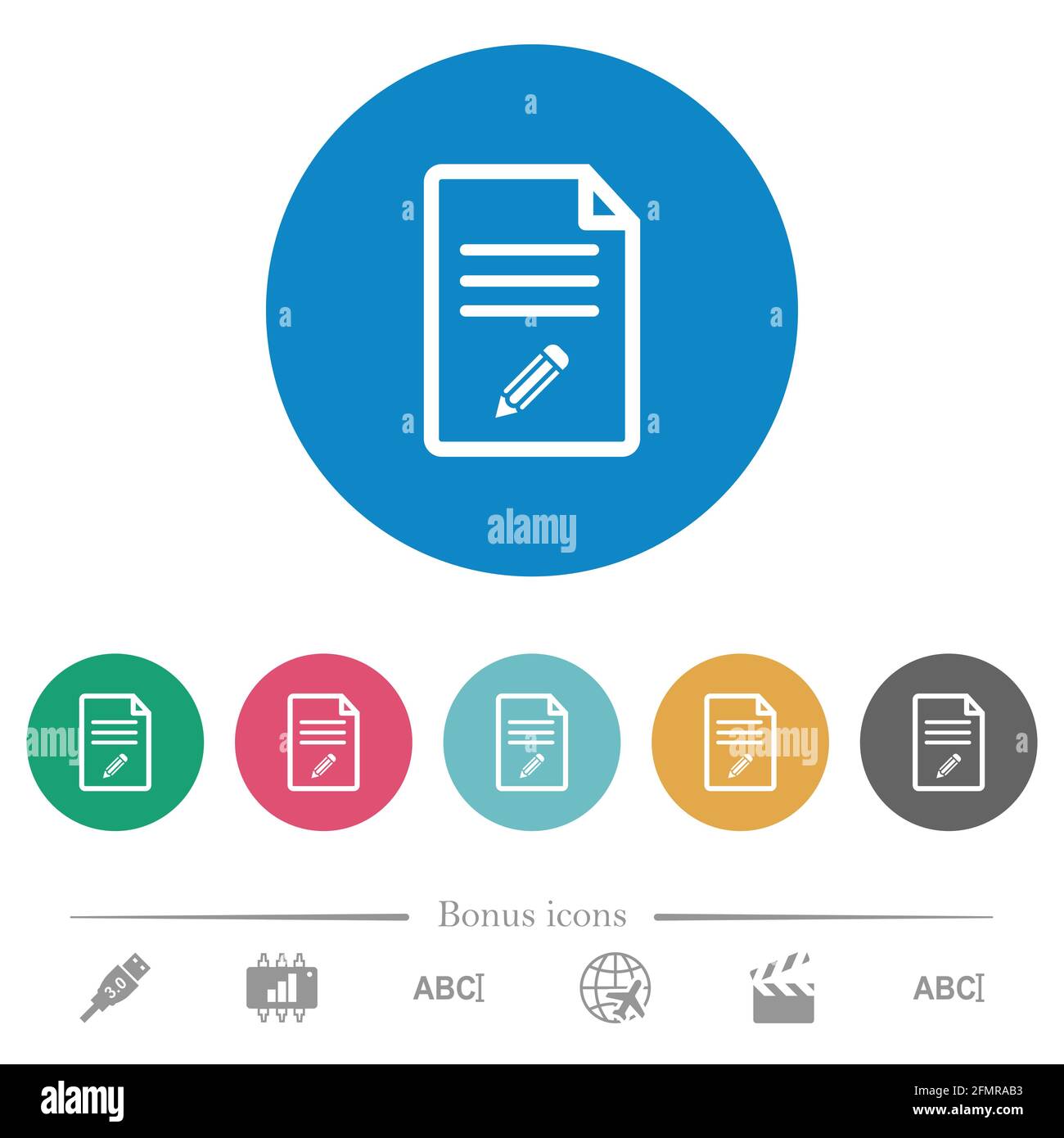 Edit document flat white icons on round color backgrounds. 6 bonus ...