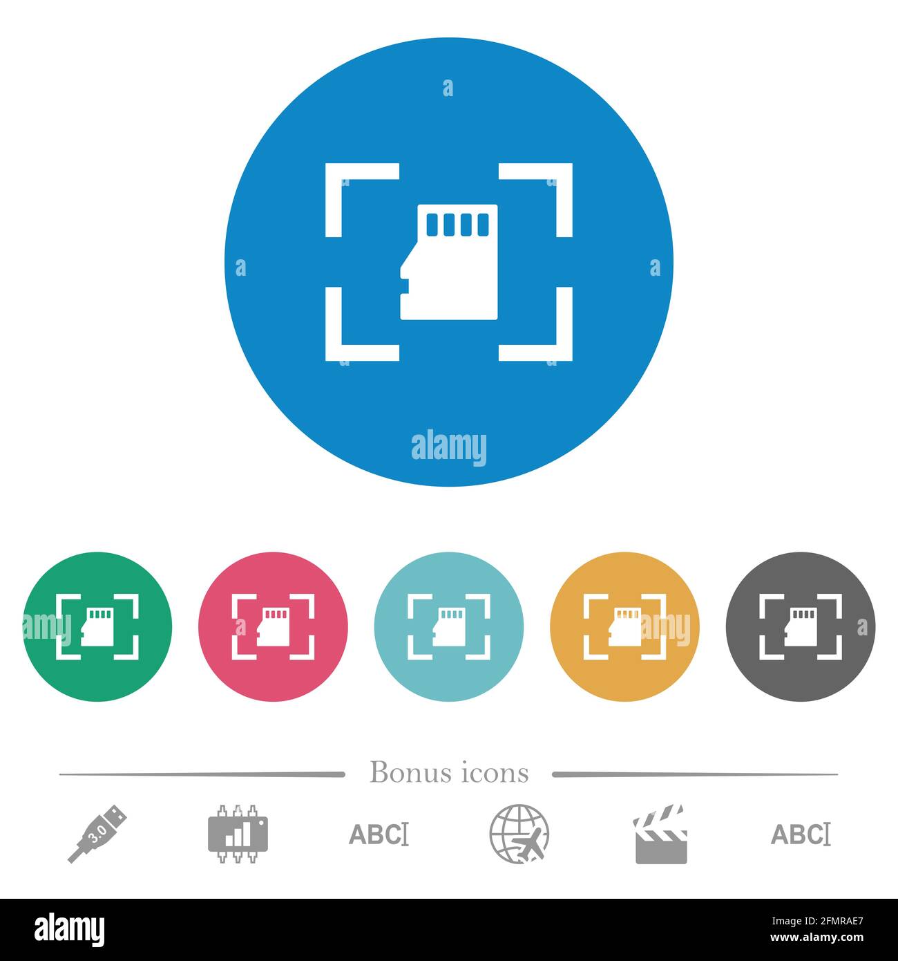Camera memory card flat white icons on round color backgrounds. 6 bonus ...